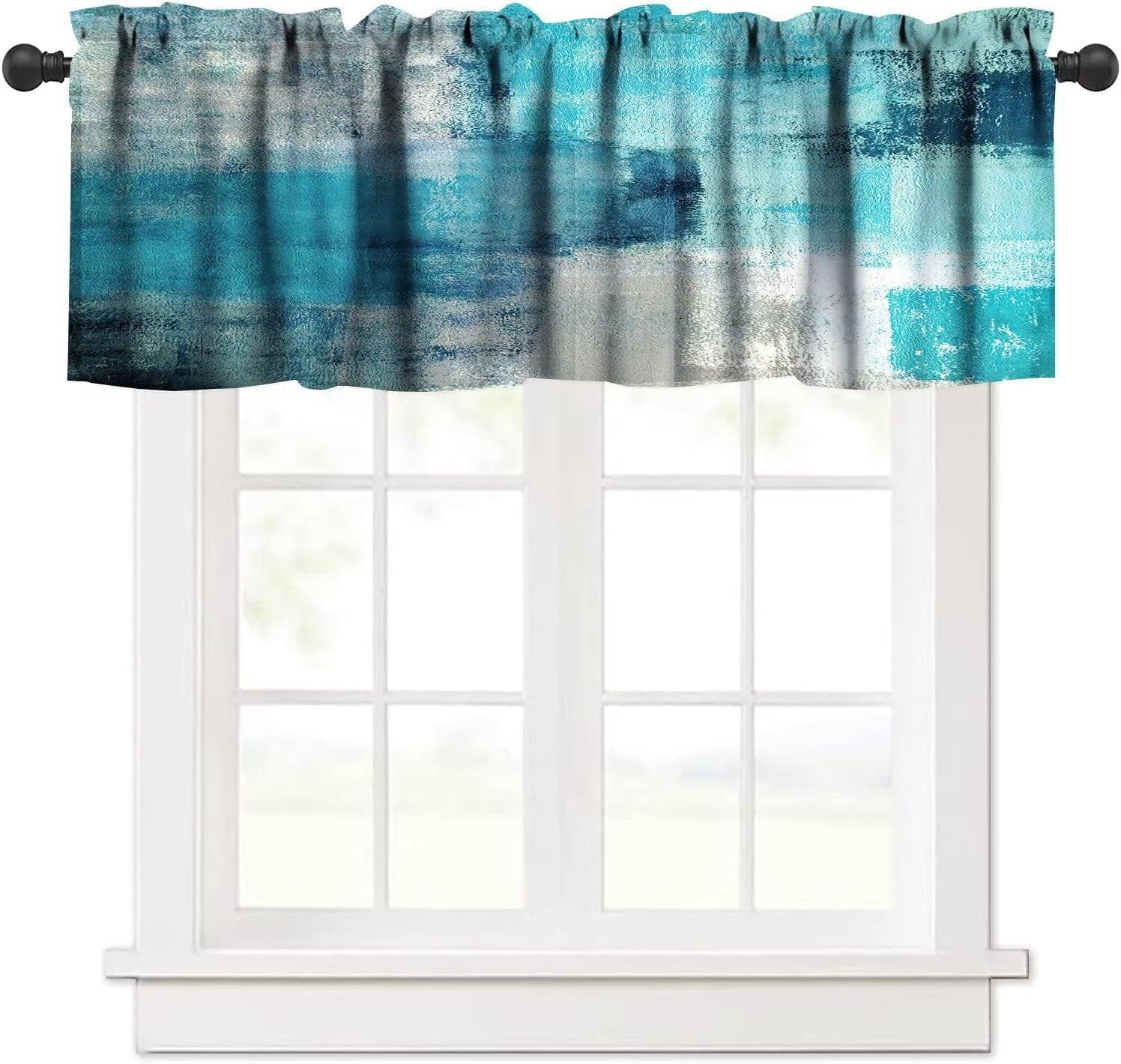Turquoise Valance Curtain Gray Abstract Art Painting Rod Pocket Valance ...