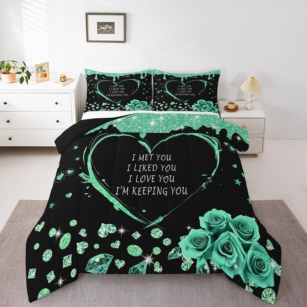 Turquoise Valentine'S Day Rose Down Comforter Romantic Words Floral ...
