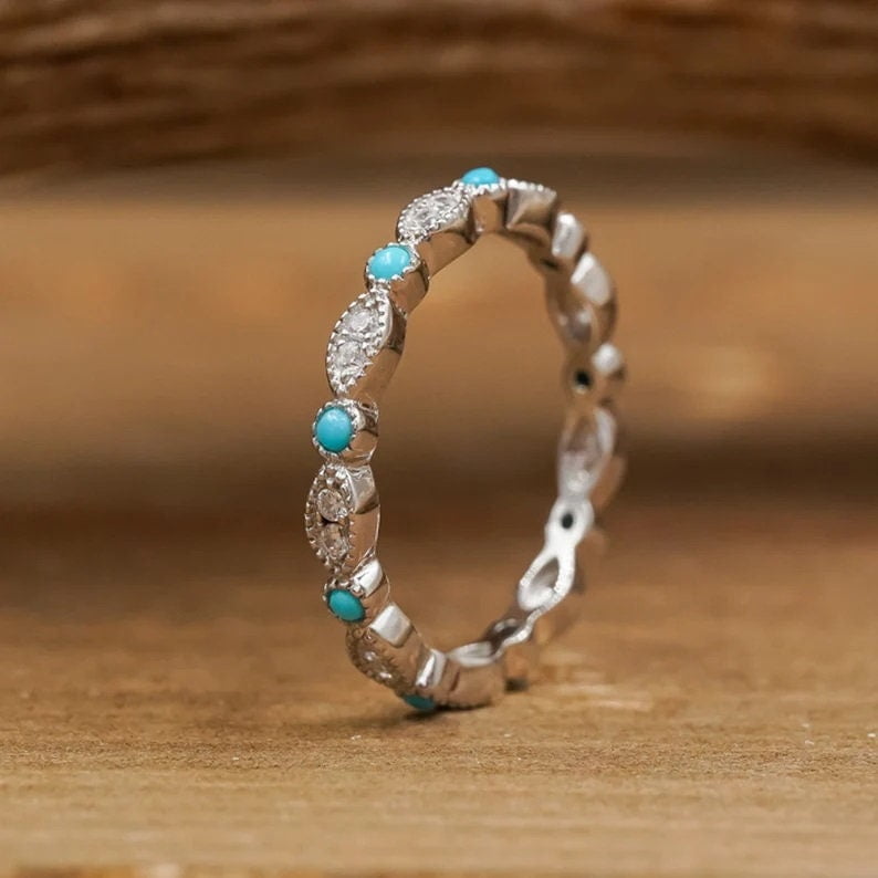 Turquoise Vintage Stacking Band, Silver Wedding Band, Full Eternity Band, Natural Turquoise Art ...