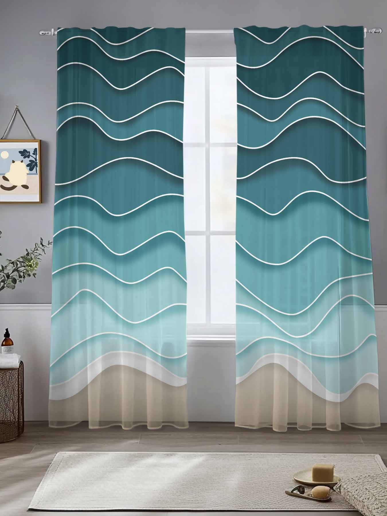 Turquoise Waves Sheer Curtains for Living Room Bedroom Simple Ombre ...