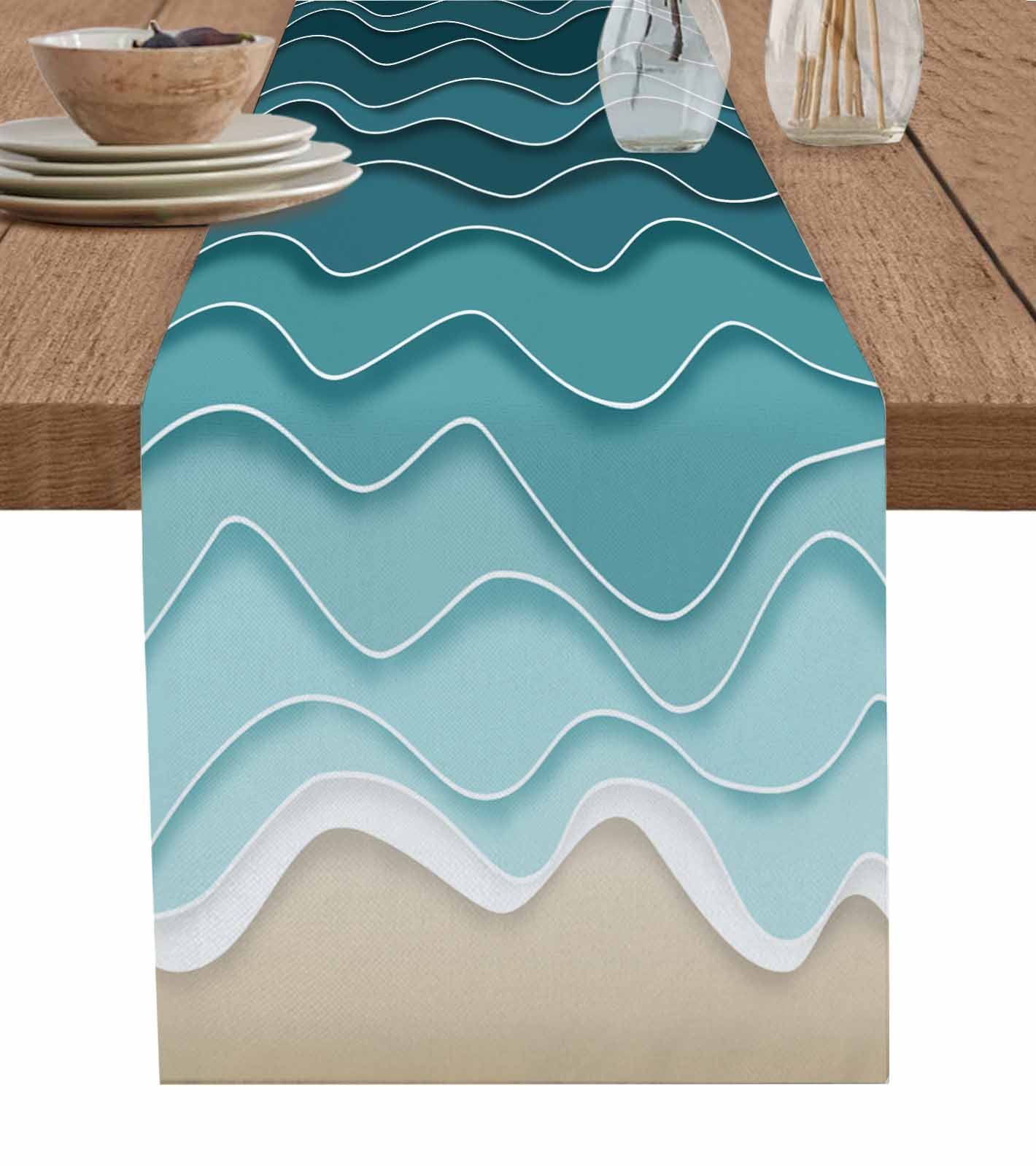 Turquoise Waves Table Runner 72 Inches, Simple Ombre Abstract Sea Waves Art Bed Runner Dresser ...