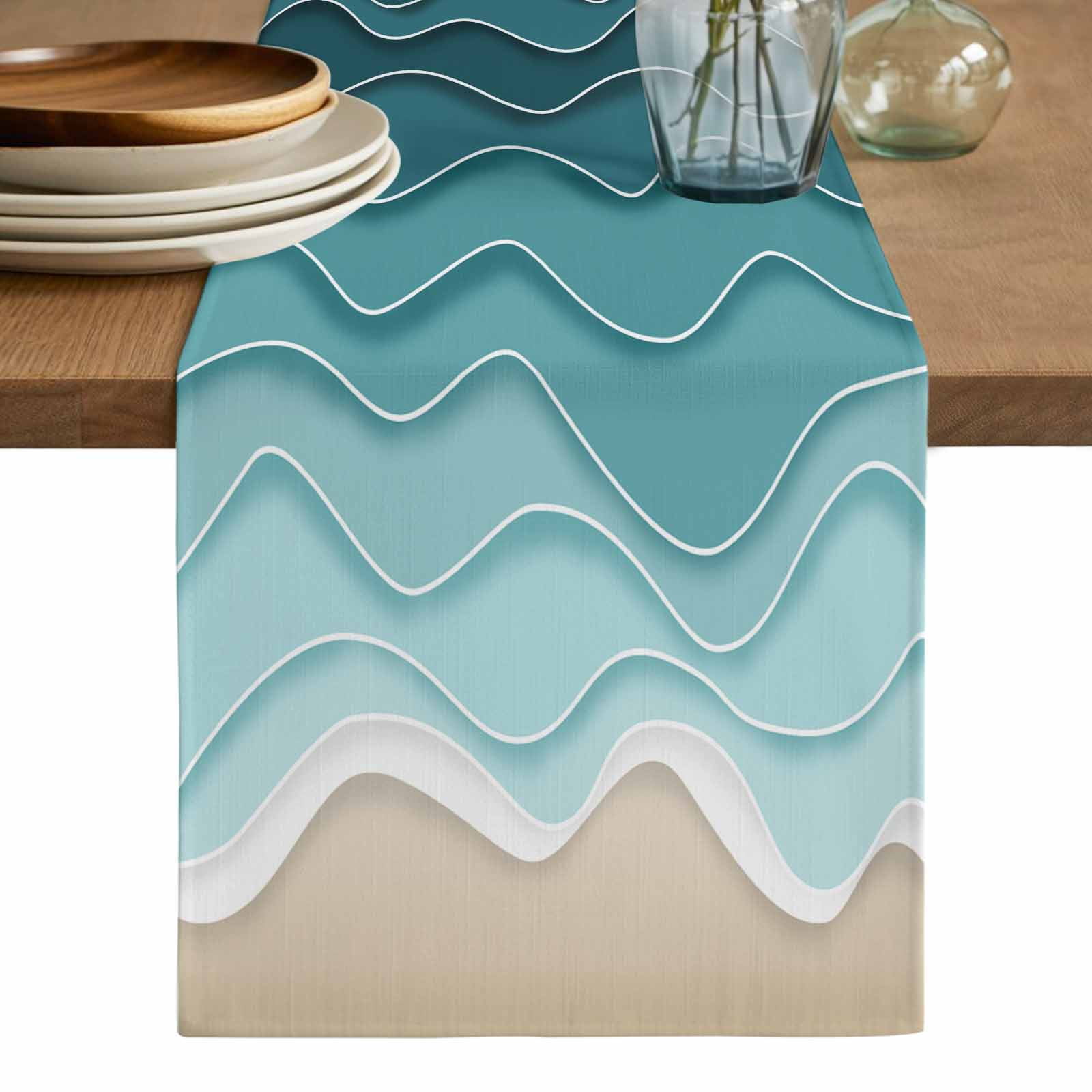 Turquoise Waves Table Runner, Simple Ombre Abstract Sea Waves Art ...