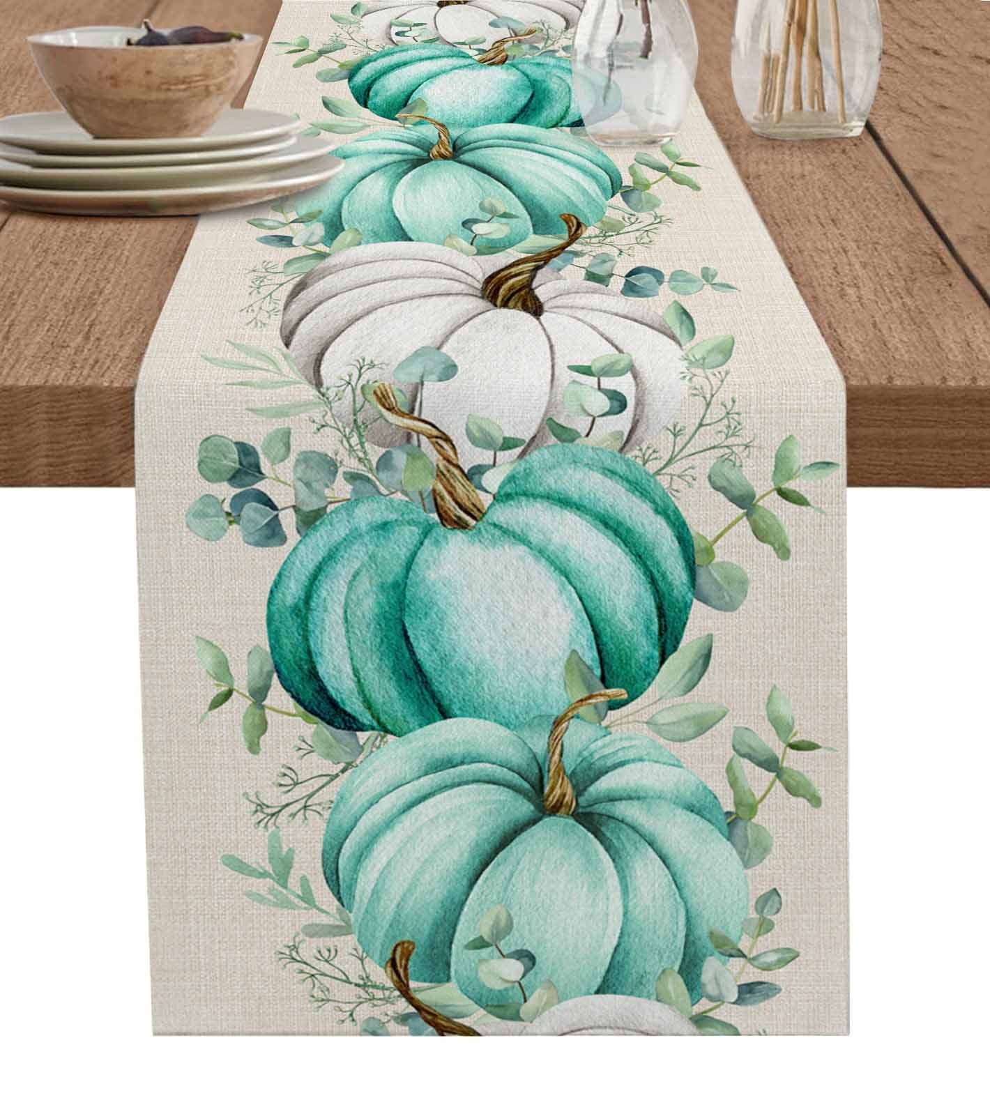 Turquoise White Fall Burlap-Cotton Table Runner 36 Inches Long,Pumpkins ...