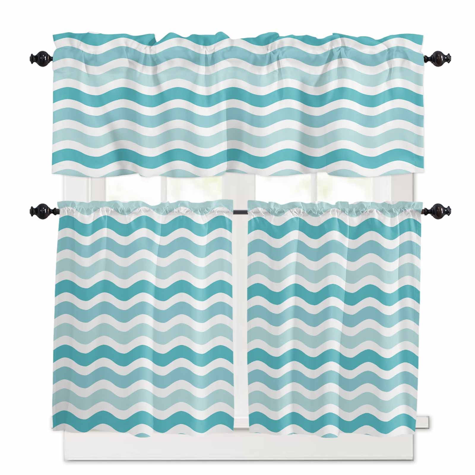 Turquoise White Kitchen Curtains Set for Windows 3 Pieces,36 Inch ...