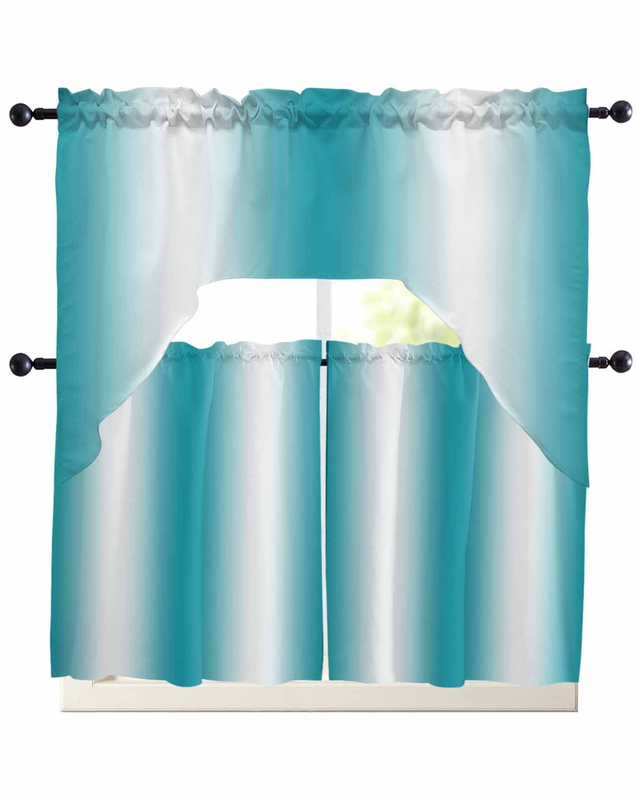 Turquoise White Ombre Kitchen Curtains Sets 36 Inch Length with Valance ...