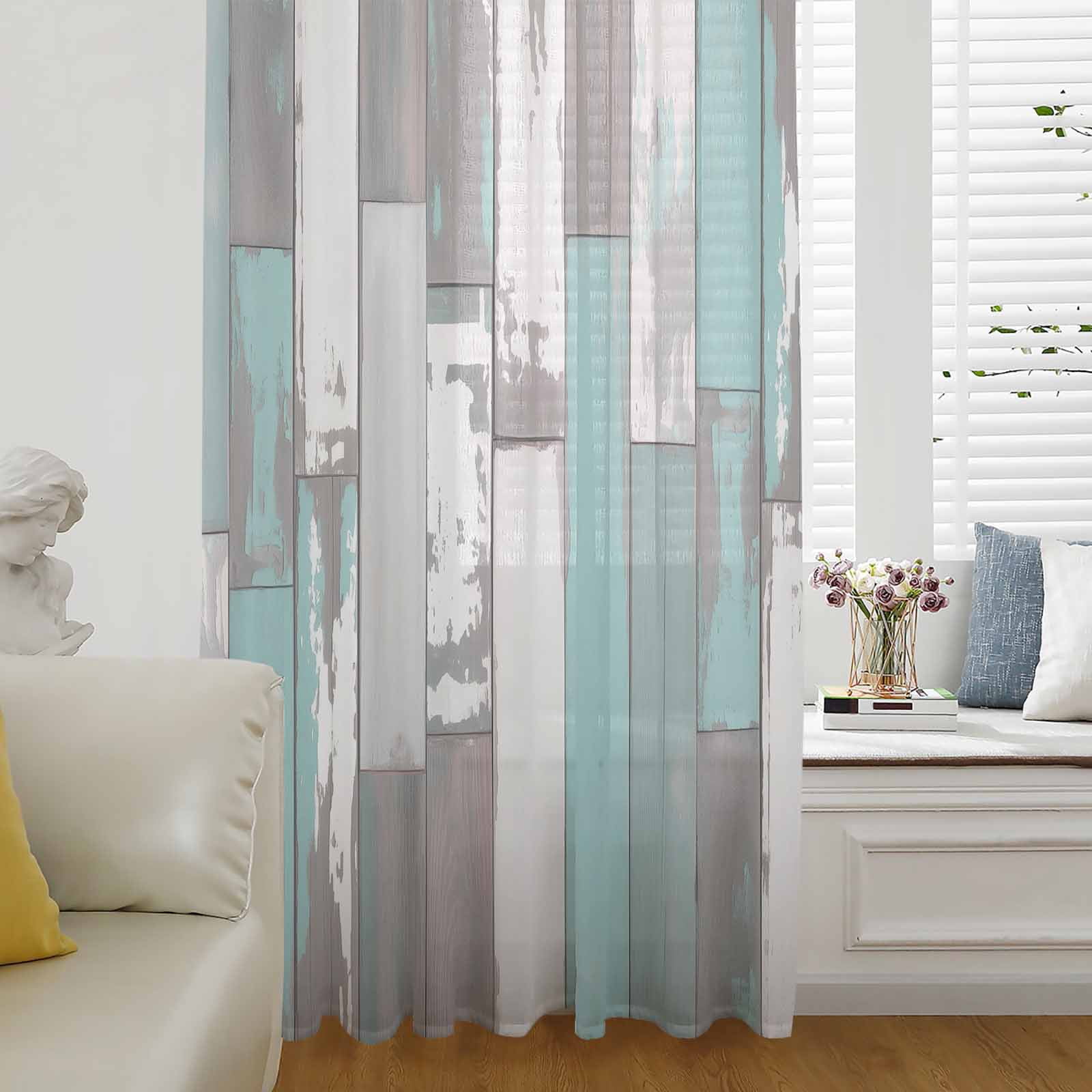 Turquoise Window Curtain 45 Inches Long,Rustic Farmhouse Wood Grain ...
