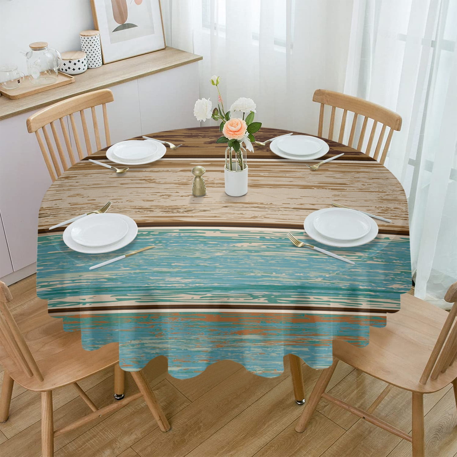 Turquoise Wooden Planks Rustic Round Tablecloths for Dining Table ...