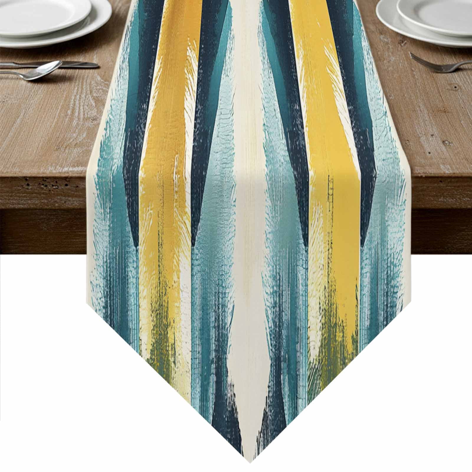 Turquoise Yellow Abstract Table Runner Linen Burlap Table Runner 60 ...