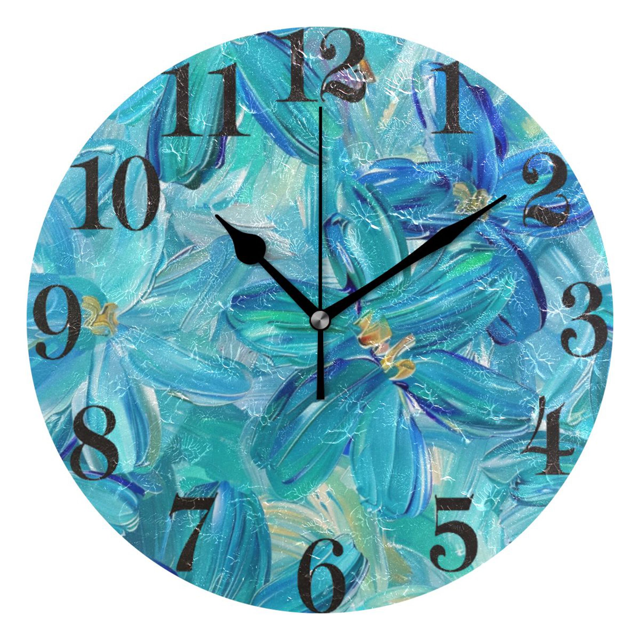 Turquoise and Blue Flowers Wall Clock 9.8 inch Battery Operated Clocks ...