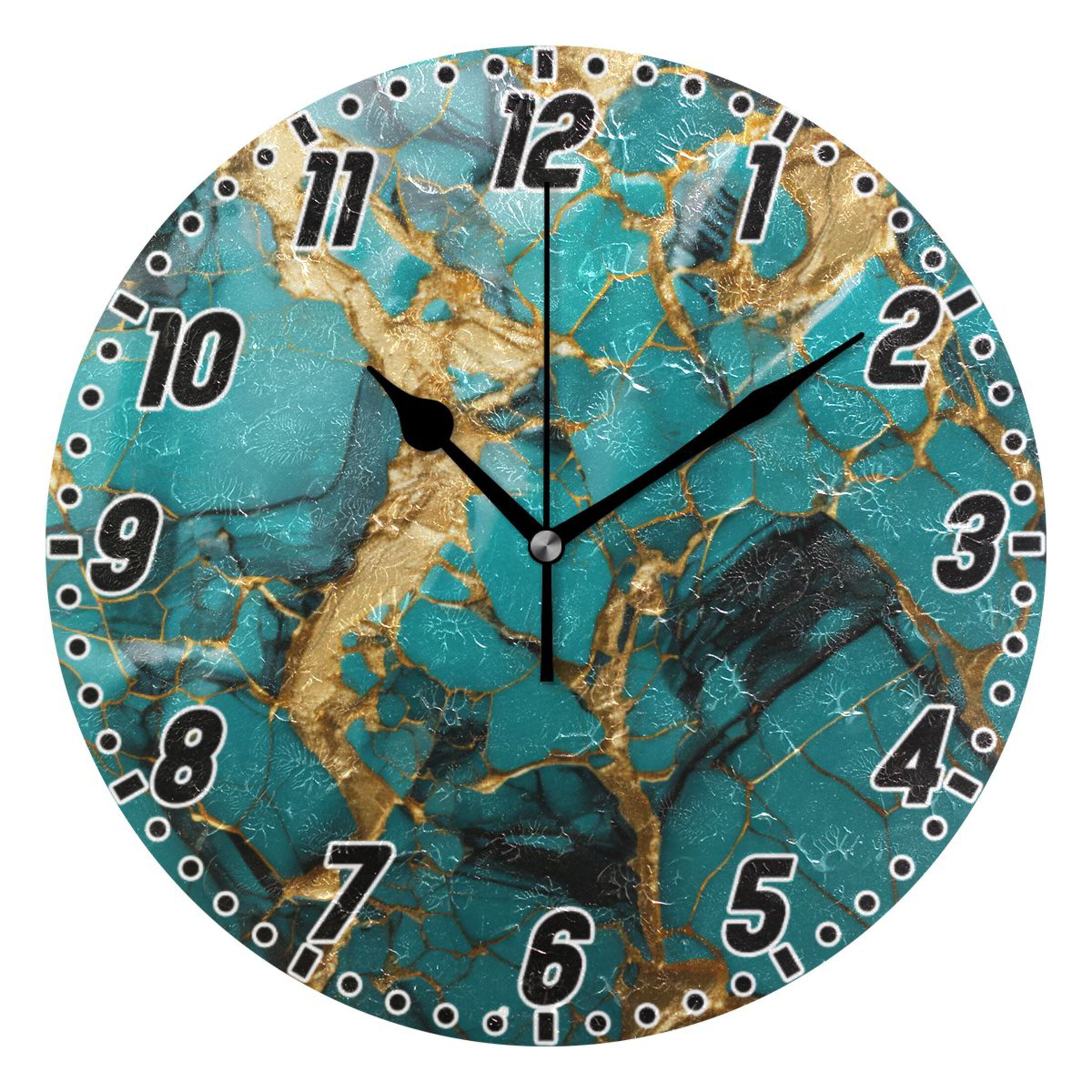 Turquoise and Gold Marble Wall Clock 9.8 inch Battery Operated Clocks ...