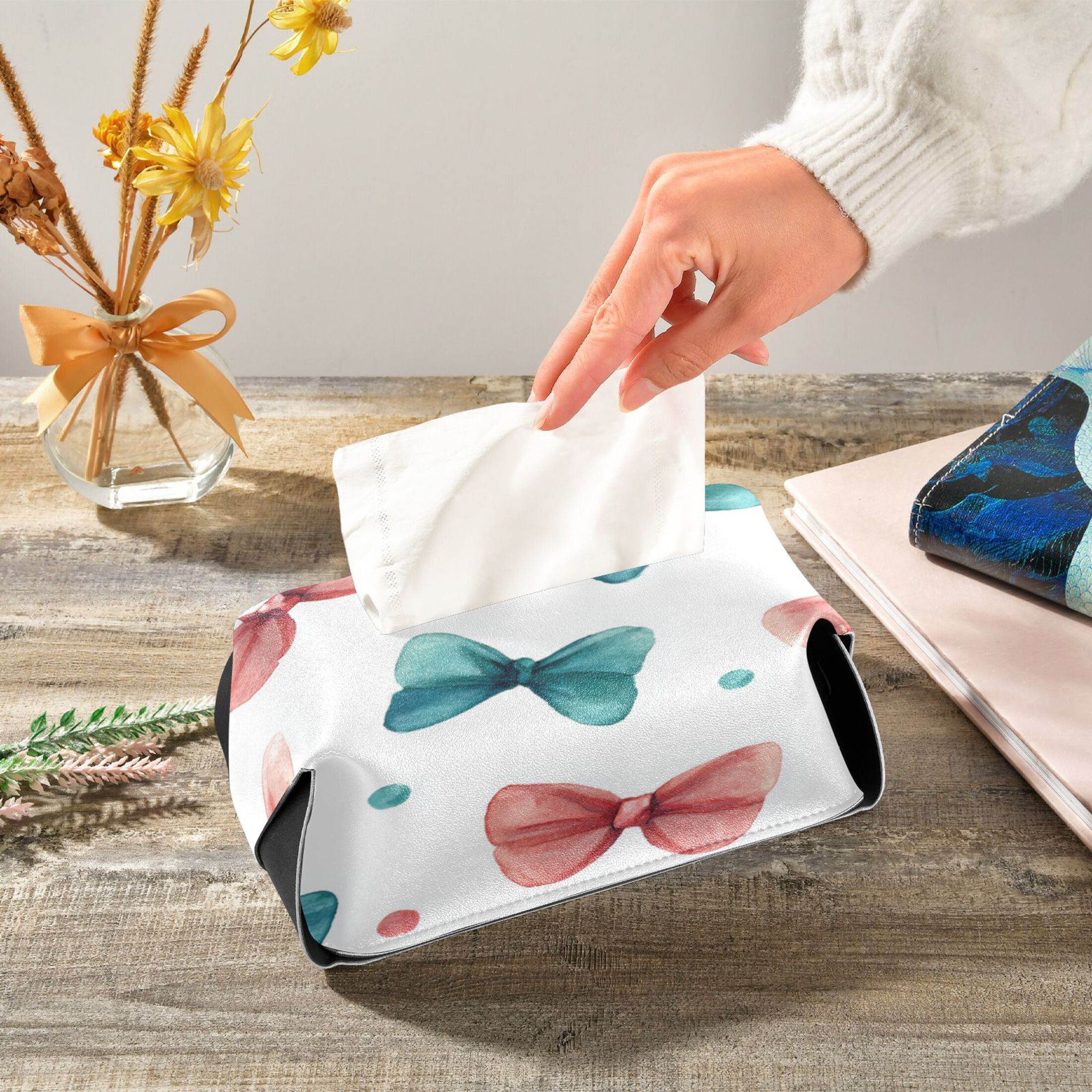 Turquoise and Pink Bows Dots Watercolor Leather Tissue Box Cover ...