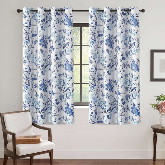 Blue Floral Curtains Set, Navy And White Botanical Patterned Blackout ...