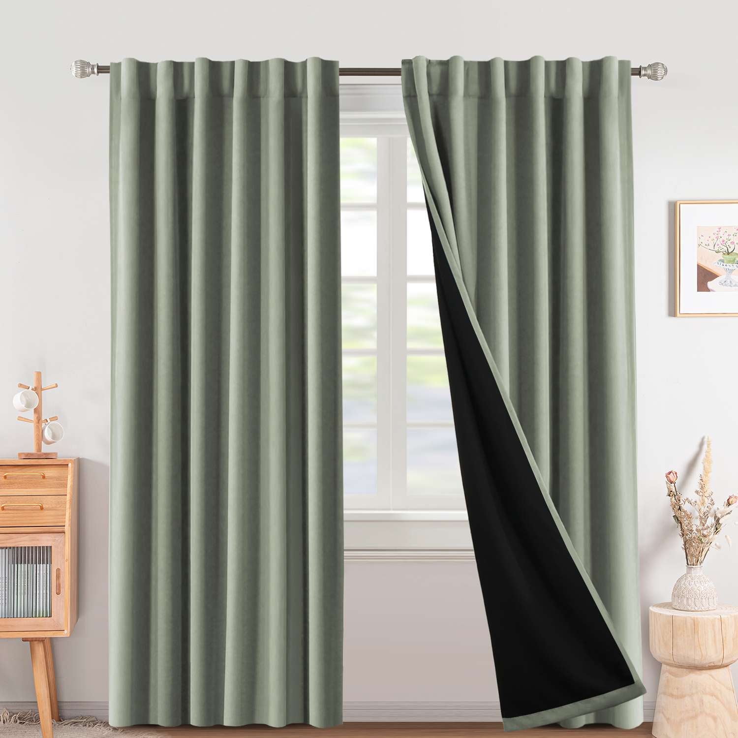 Turquoize Classic 100% Blackout Sage Solid Print Back Tab Curtains, 52 ...