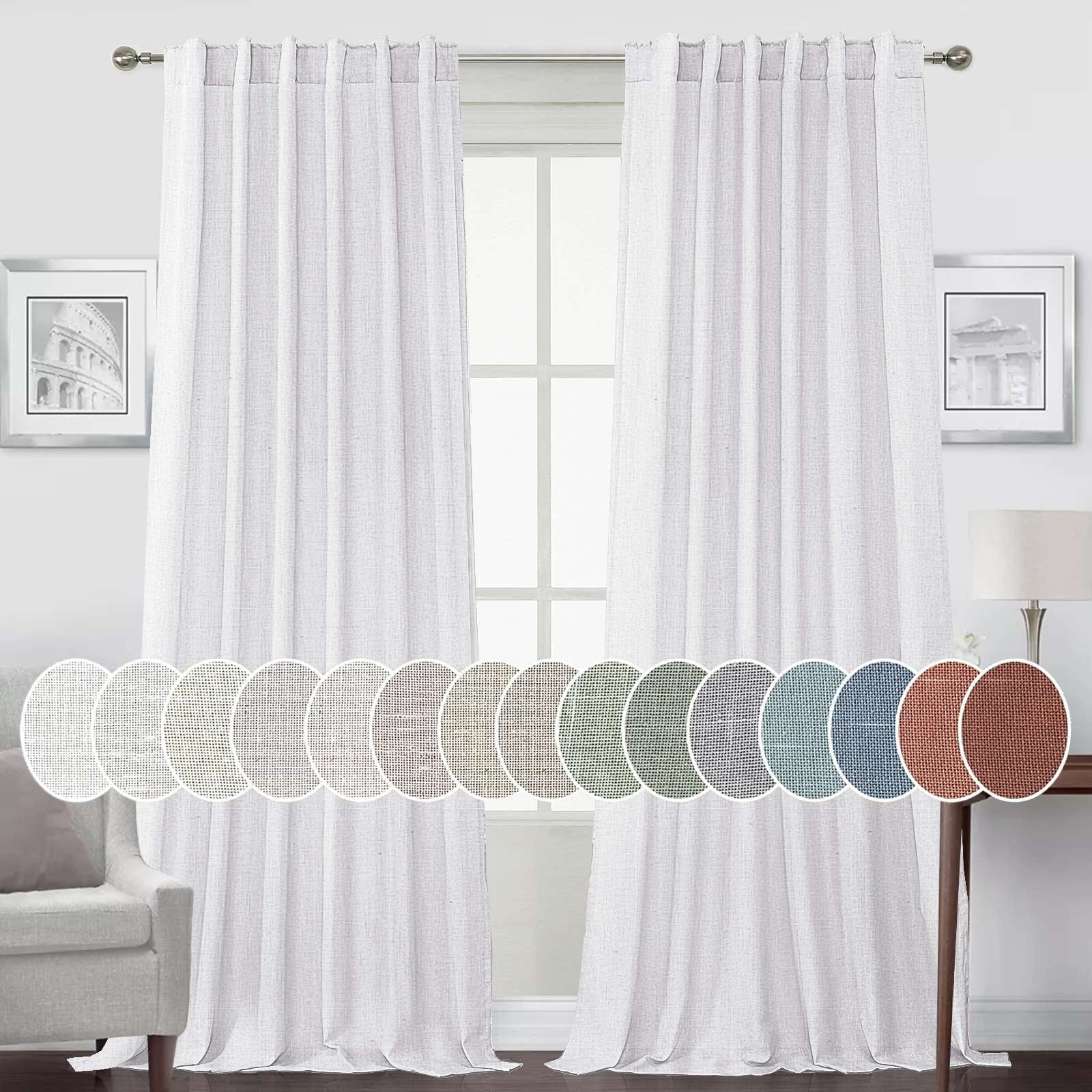 Turquoize Natural Linen Light Filtering Semi Sheer Living Room Curtains ...
