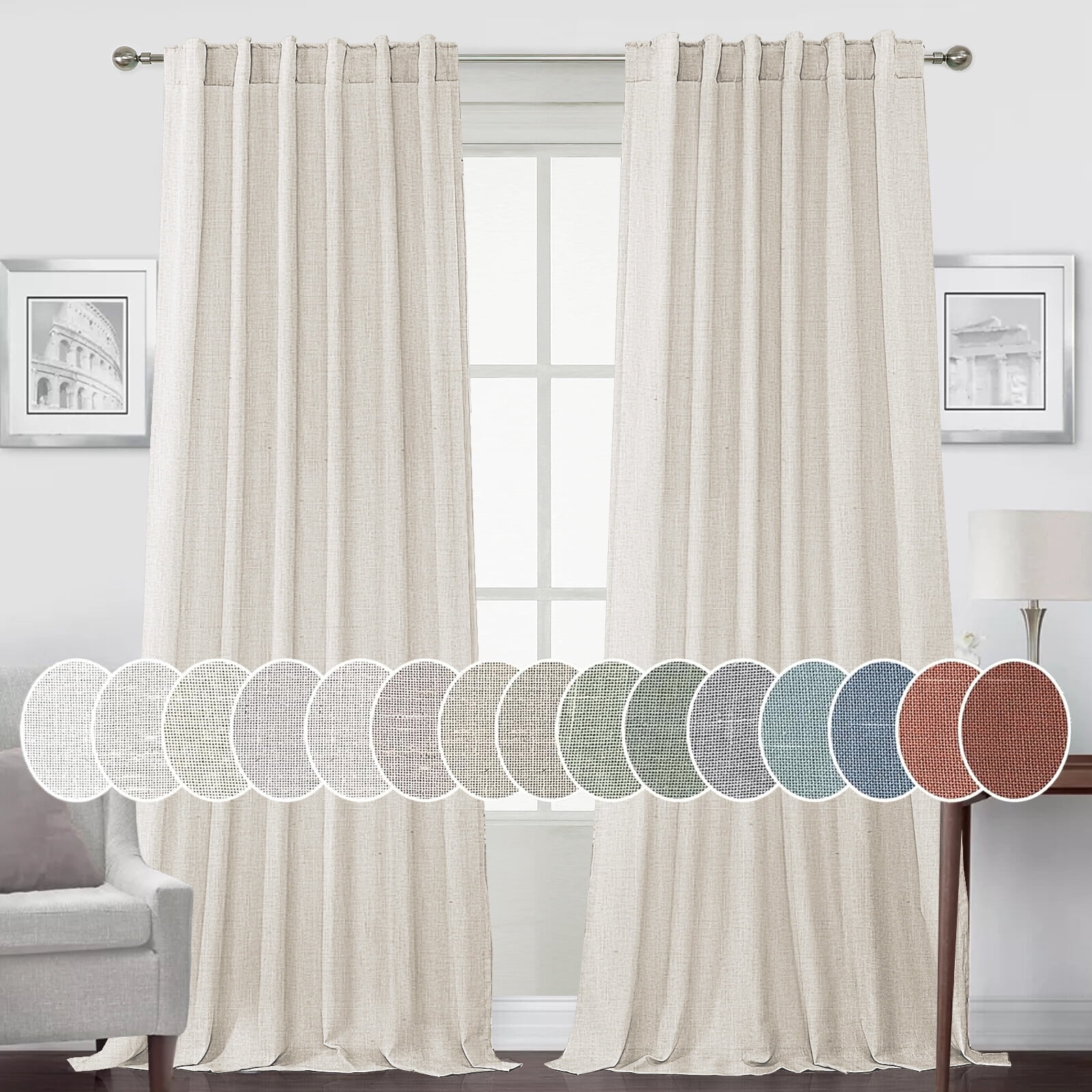 Turquoize Natural Linen Light Filtering Semi Sheer Living Room Curtains ...