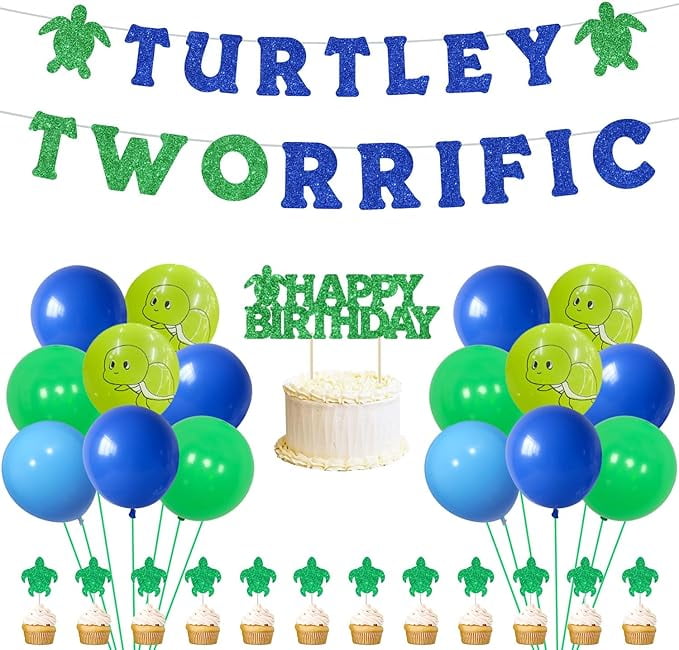 Turtle 2nd Birthday Decorations Green Turtley Tworrific Banner Happy ...