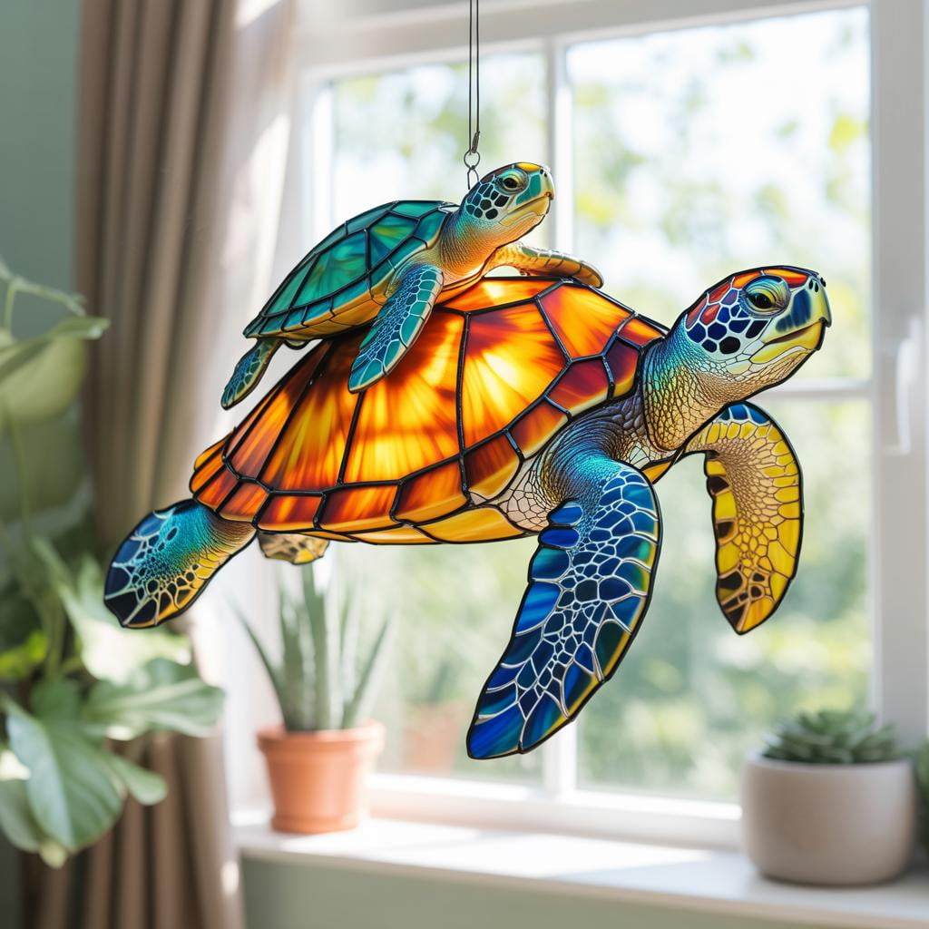 Turtle Acrylic Suncatcher, Tortoise Mom Faux Stained Glass Window ...