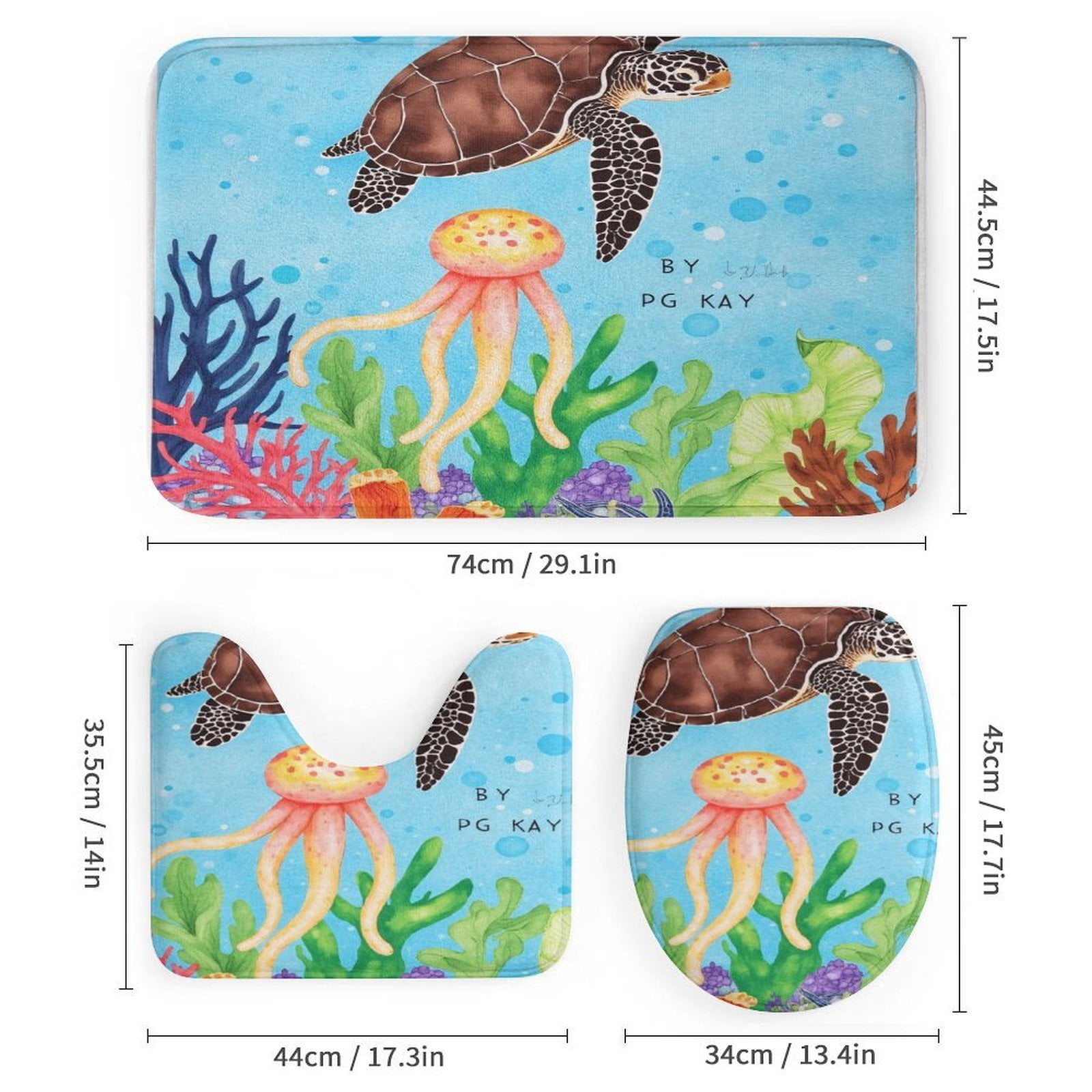 Turtle And Jellyfish Undersea Scene Bathroom Rugs Sets 3 Piece Toilet ...