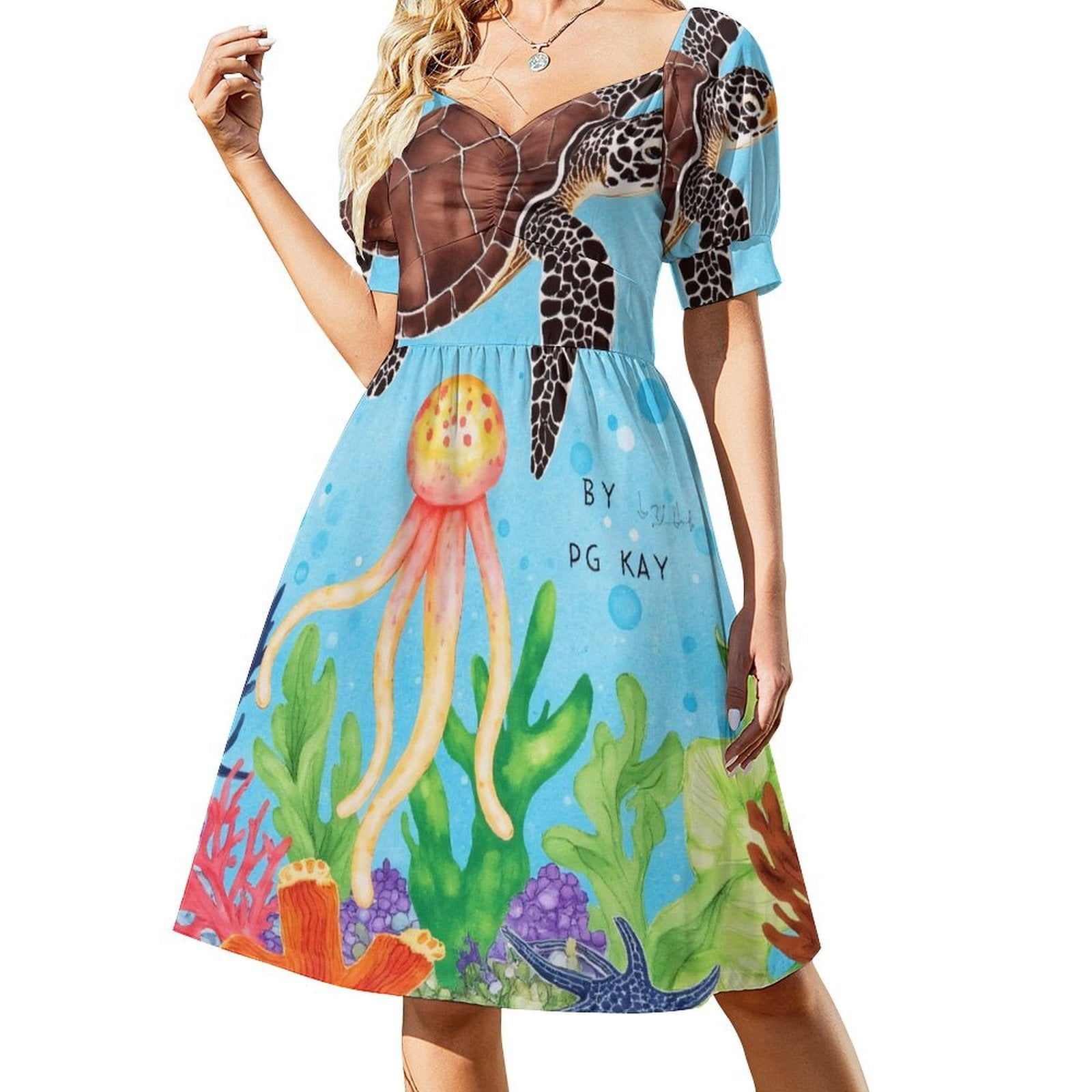 Turtle And Jellyfish Undersea Scene Summer Women's Dress 2025 Elegant ...