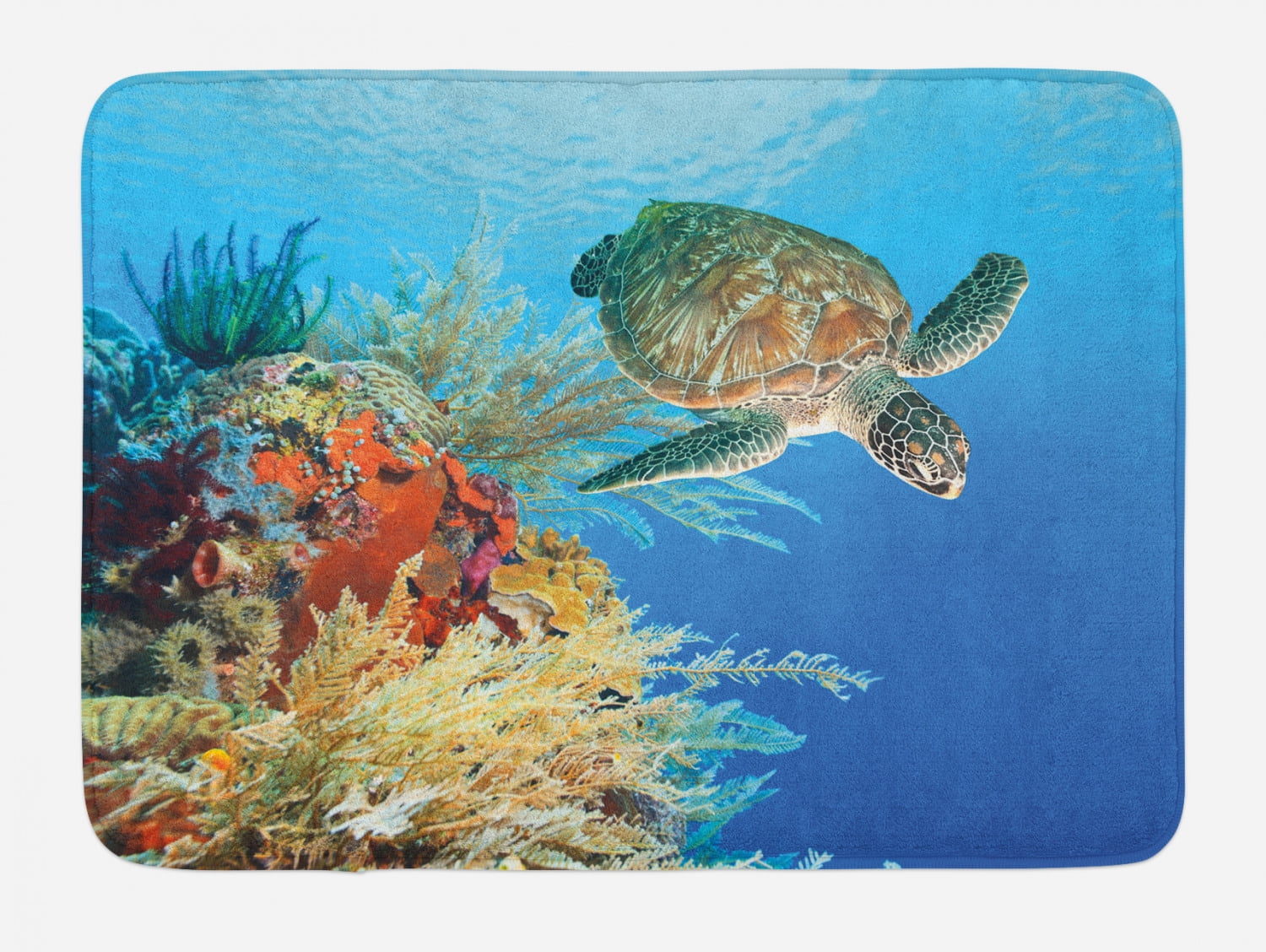 Turtle Bath Mat, Colorful Underwater with Turtle Swimming Among the ...