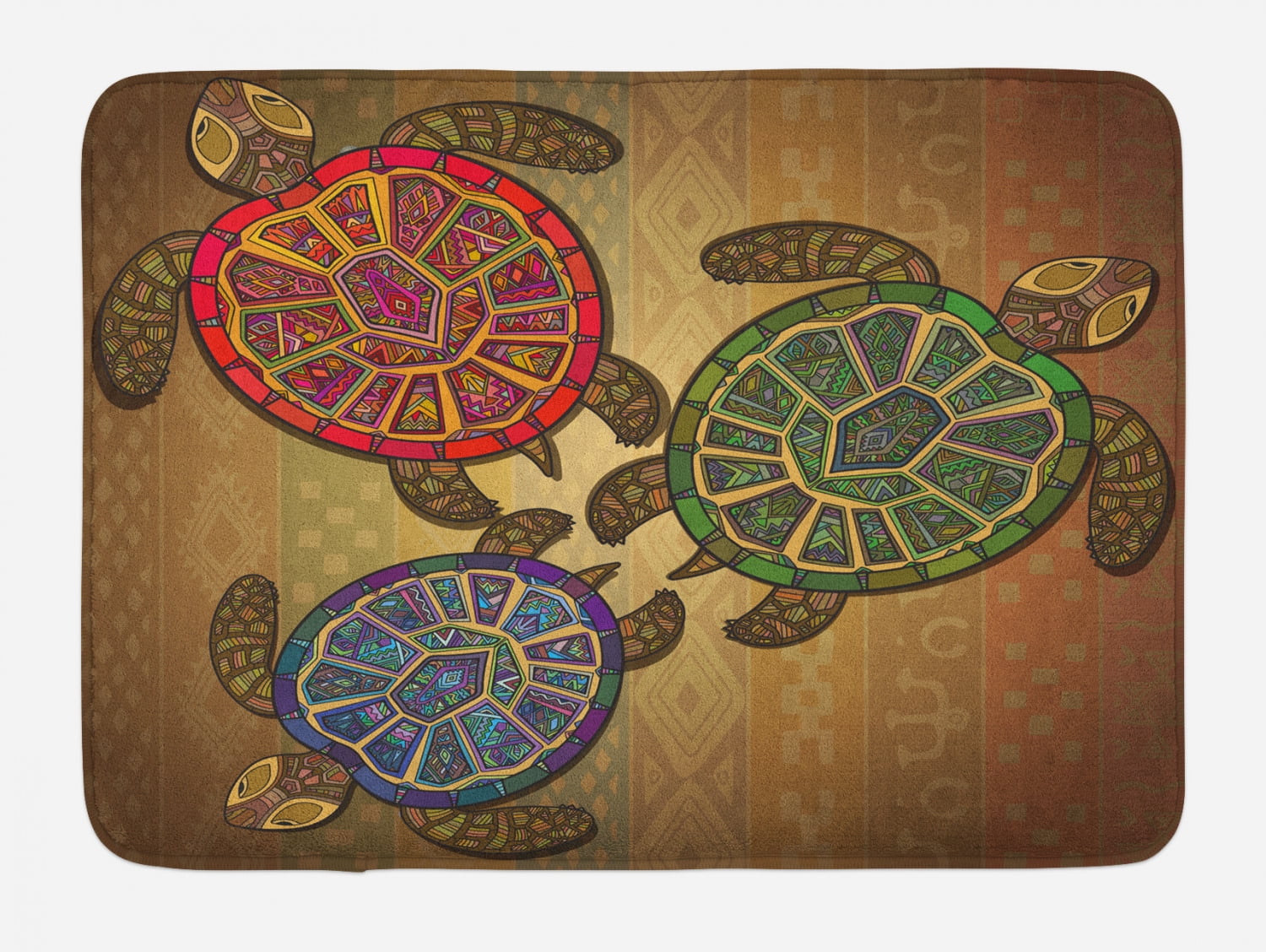 Turtle Bath Mat, Three Ocean Turtles Ethic Style Animals Geometric ...