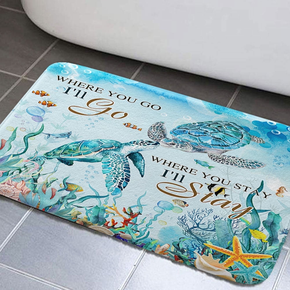 Turtle Bathroom Rug Mat, Underwater Seaweed Seashell Non-Slip Bath ...