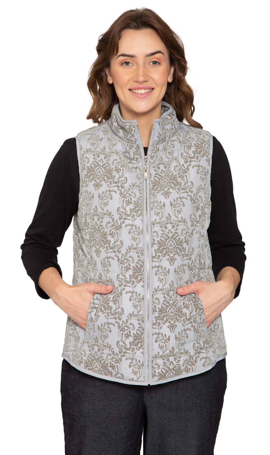 Turtle Bay New York Women's Flocked Damask Print Zip Front Vest With ...