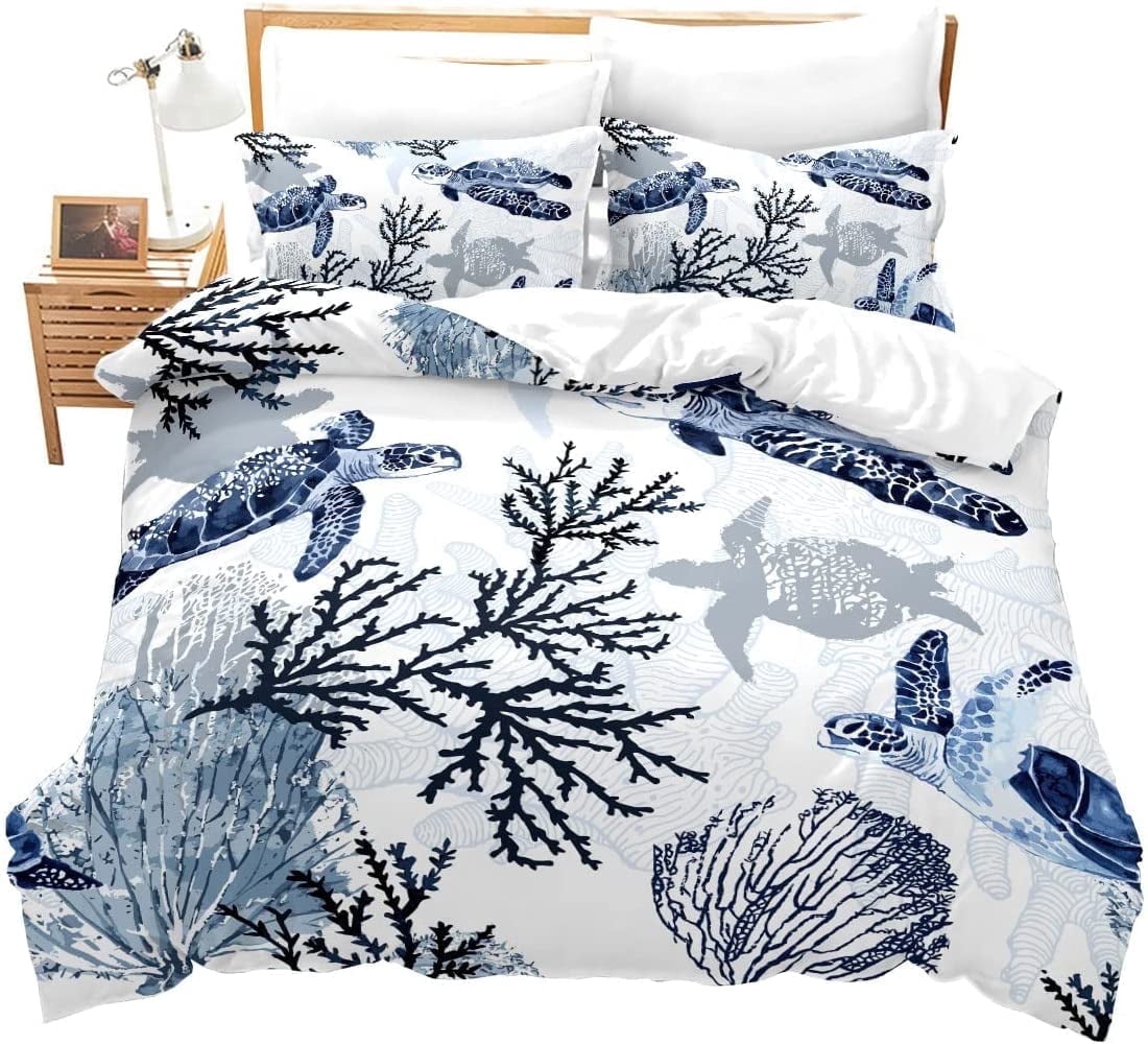Turtle Bedding Set Twin Nautical Coastal Bedding,White Blue Sea Turtle ...