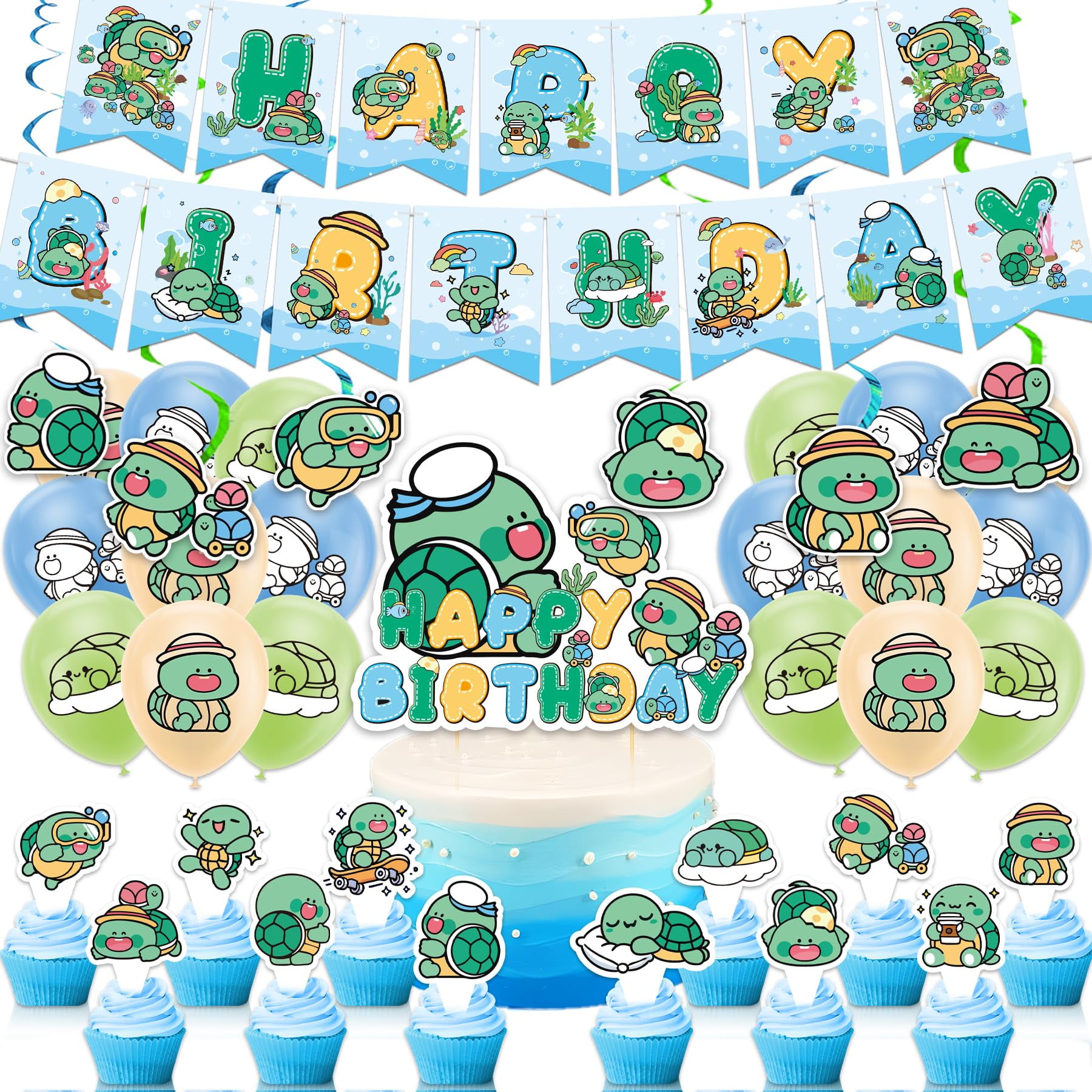 Turtle Birthday Party Decorations DHF10 Supplies with Happy Birthday ...