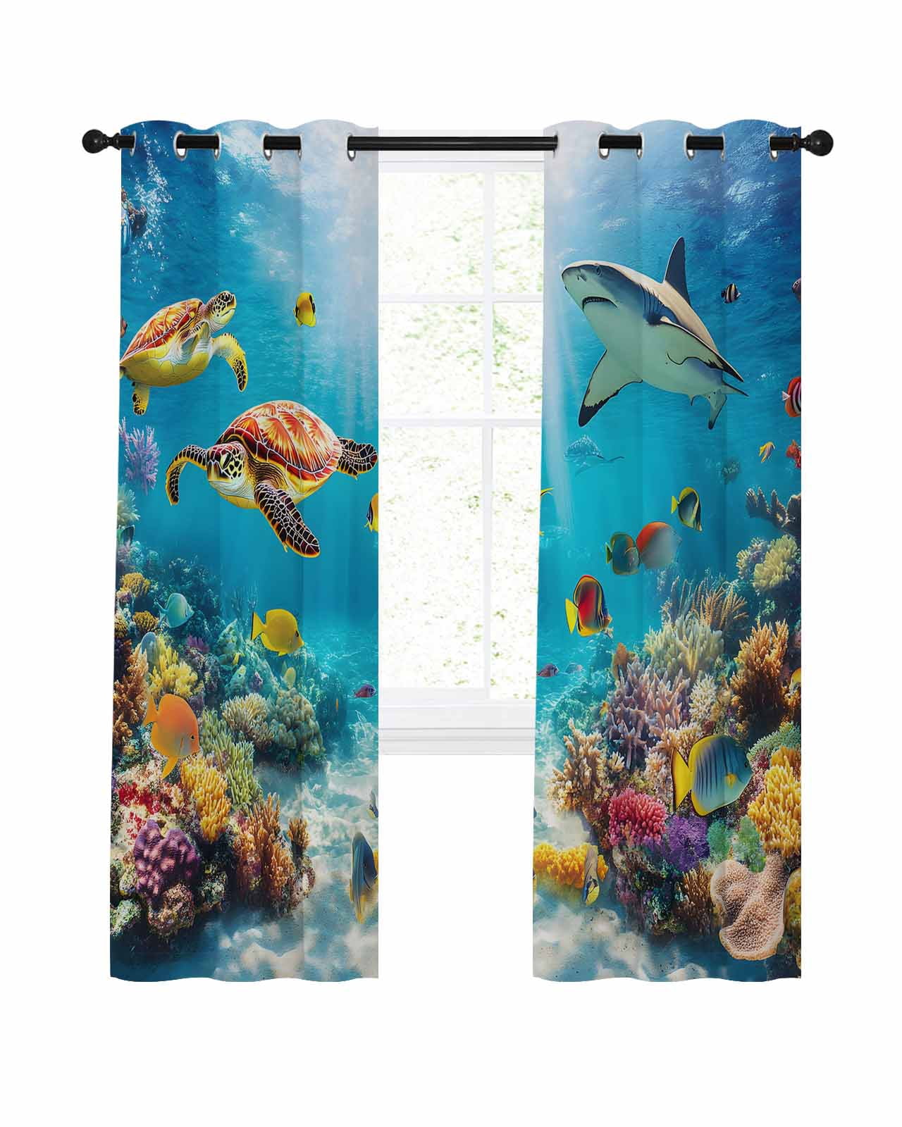 Turtle Blackout Curtains 54 Inches Long for Bedroom, Shark Ocean Coral ...