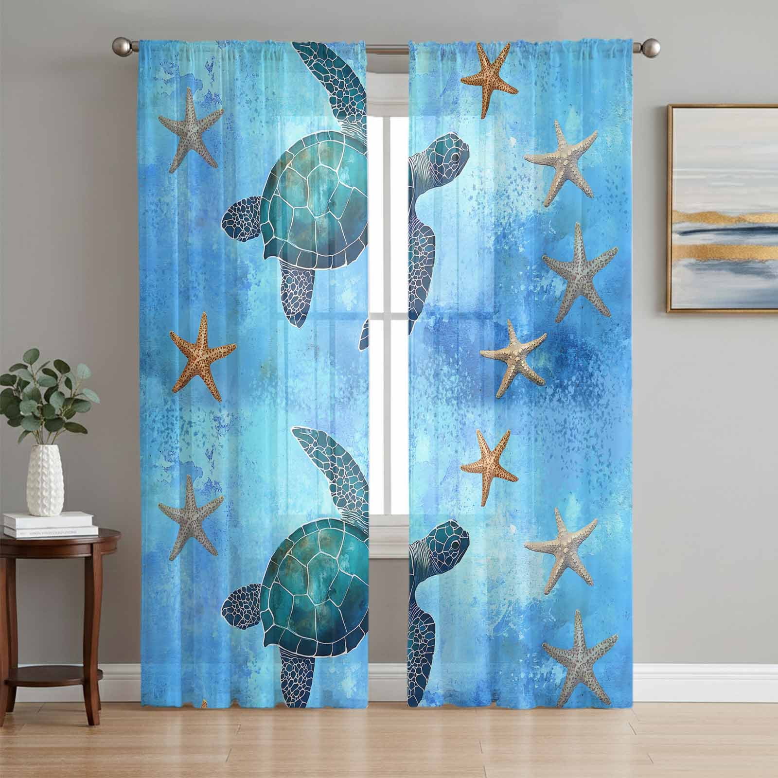 Turtle Blue Sheer Curtains 72 Inch Length 2 Panels Set, Coastal Ocean ...
