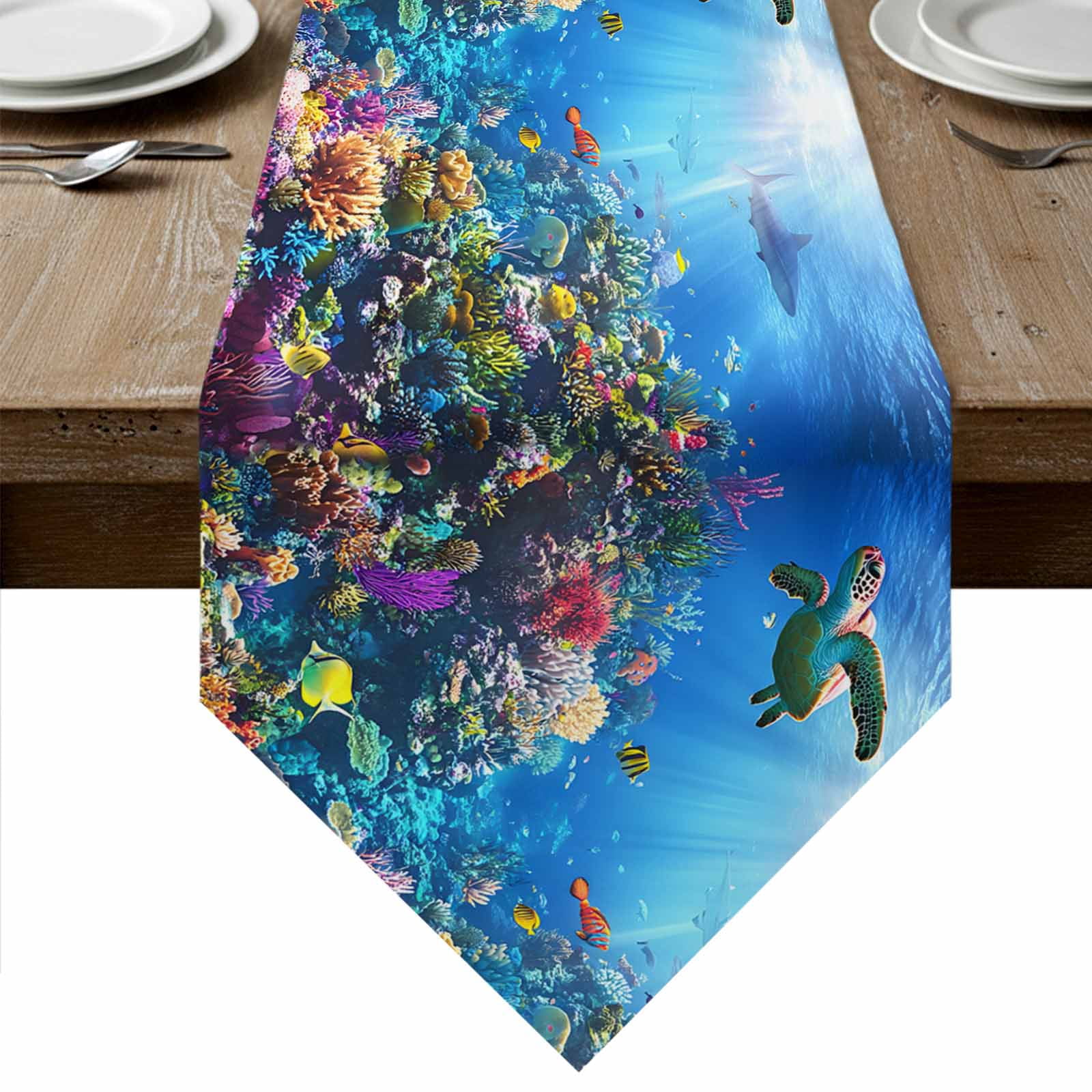 Turtle Blue Table Runner Linen Burlap Table Runner 70 Inches Long Ocean ...