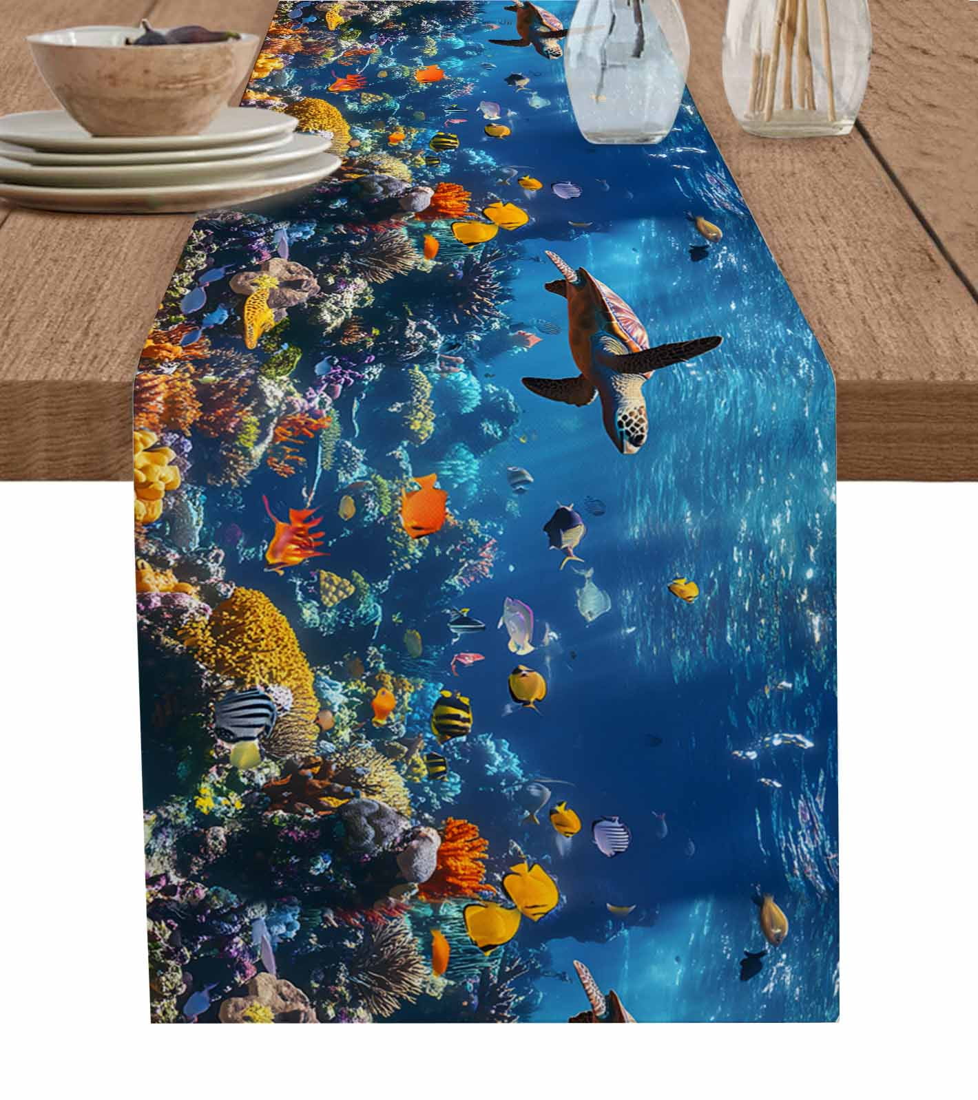 Turtle Burlap Cotton Table Runner 13x90 Inches Long, Summer Beach Ocean ...