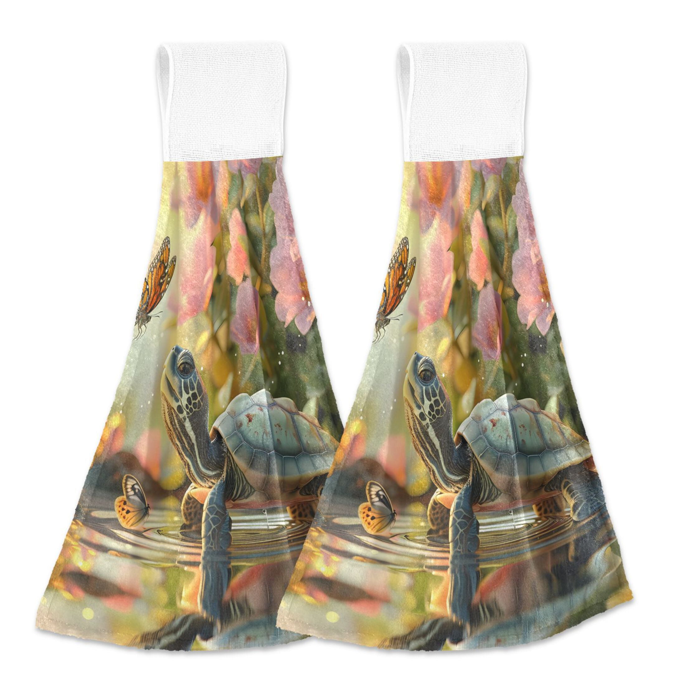Turtle Butterfly Floral 2pcs Bathroom Hanging Towels Velcro Soft Hand ...