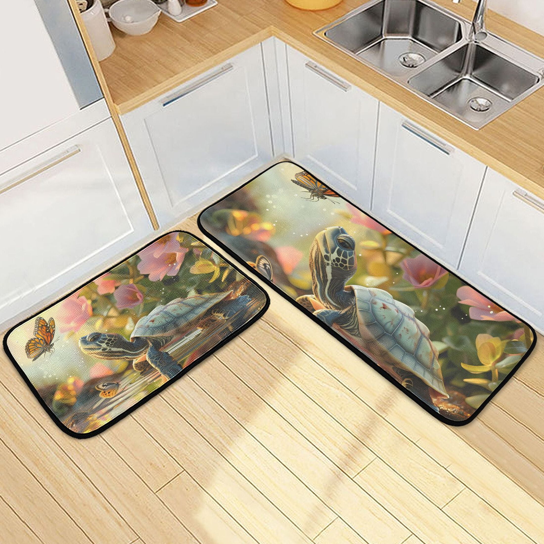 Turtle Butterfly Floral Kitchen Rugs Set of 2 Non Slip Floor Foam Mat ...