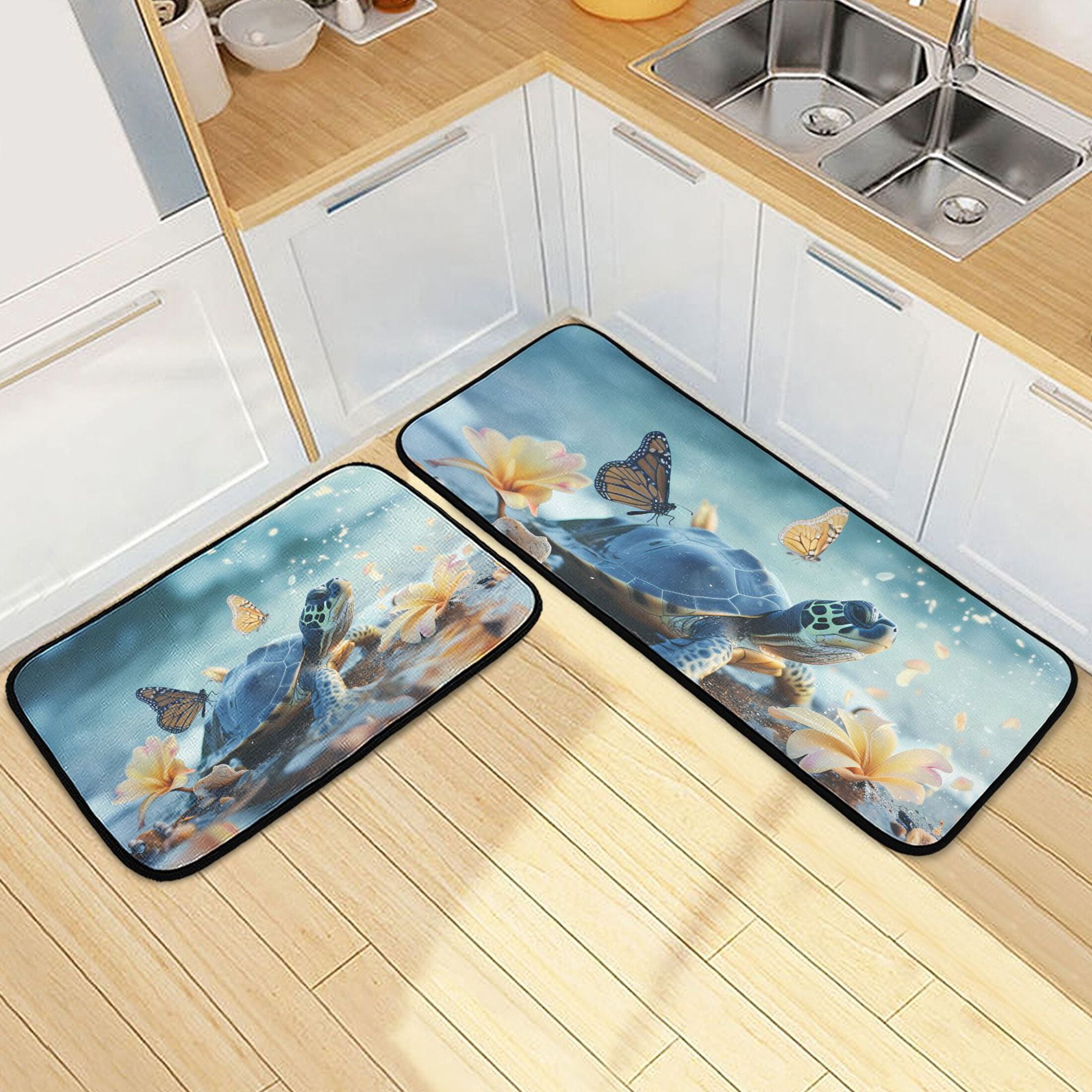 Turtle Butterfly Floral on Water Kitchen Rugs Set of 2 Non Slip Floor ...