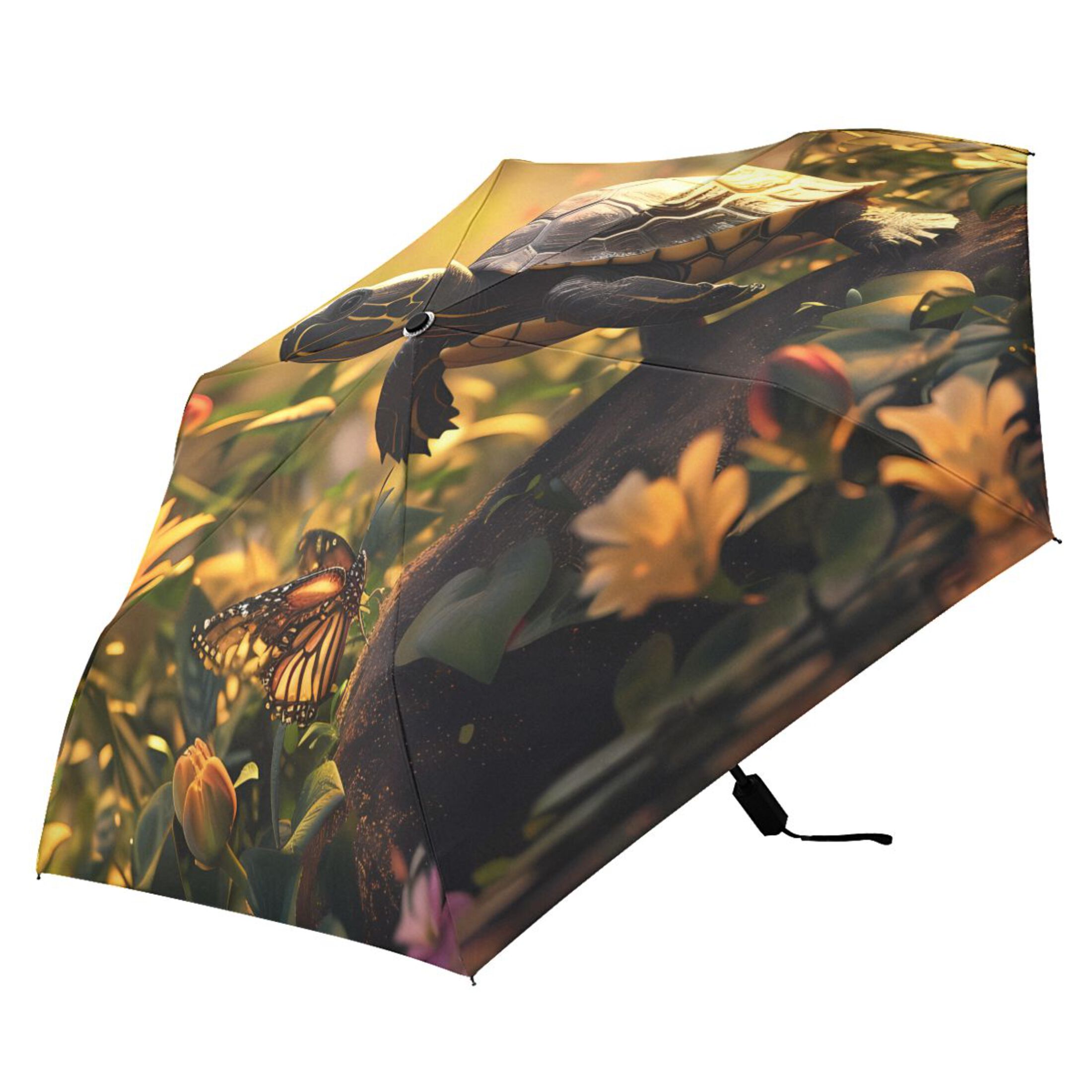 Turtle Butterfly Sunset Compact Folding Umbrella for Rain Windproof ...