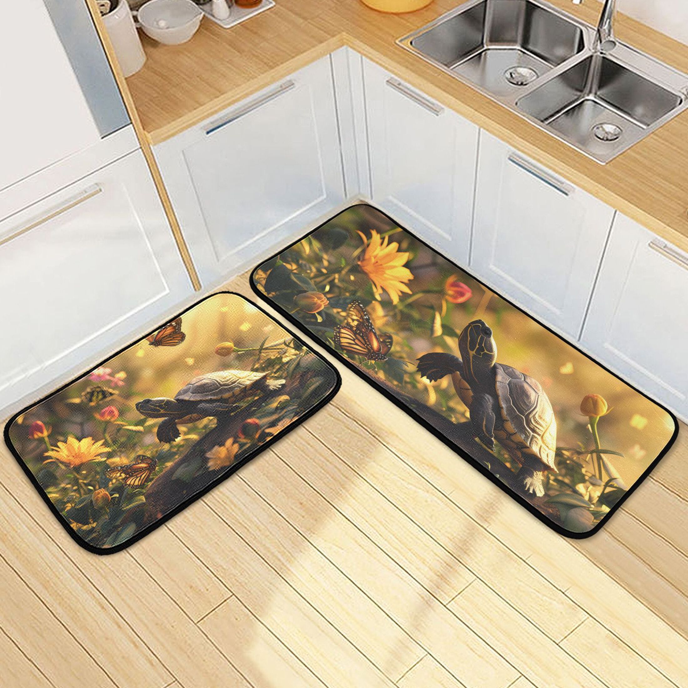 Turtle Butterfly Sunset Kitchen Rugs Set of 2 Non Slip Floor Foam Mat ...