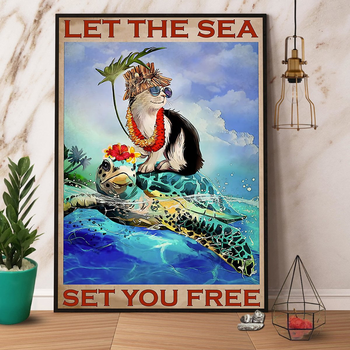 Turtle & Cat Let The Sea Set You Free Ocean Paper Poster No Frame 11 x ...
