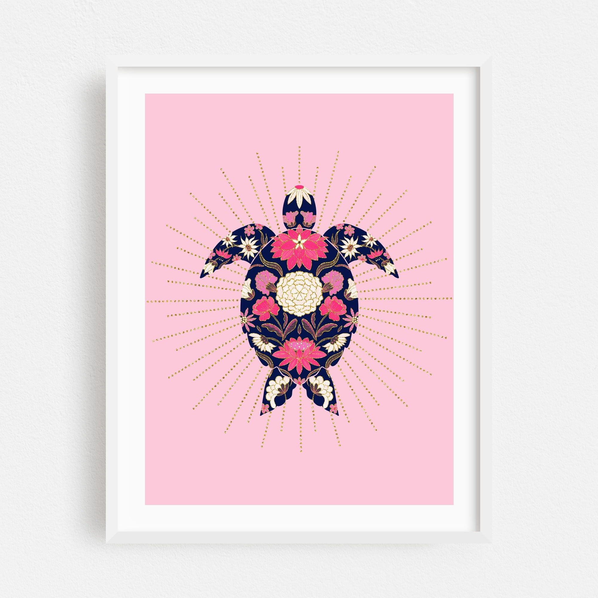 Turtle Chinoiserie - pink and navy - Illustration Floral Pattern Botanical Pastel Animal Boho ...