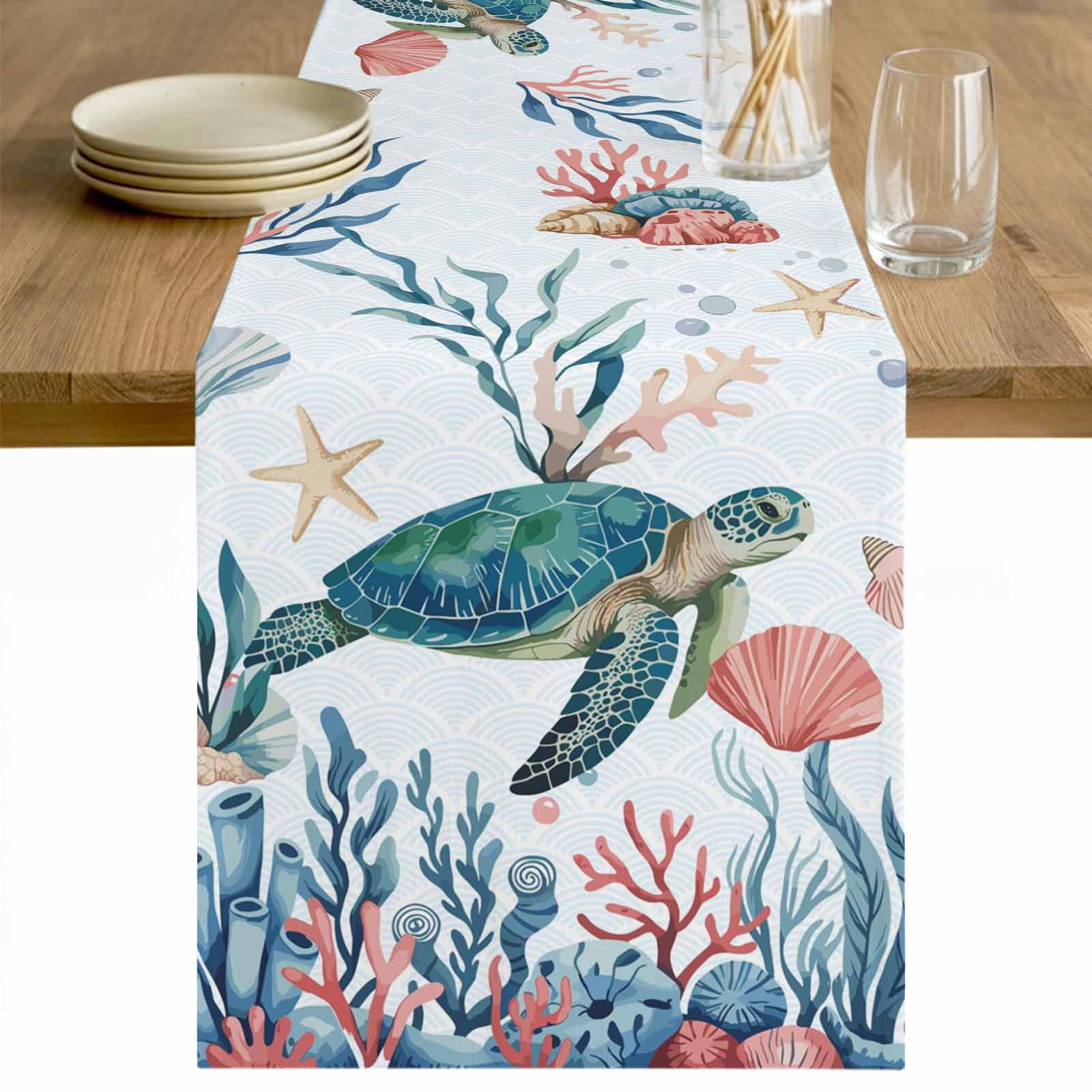 Turtle Coastal Table Runner - 90 Inch Long Summer Beach Ocean Shell ...