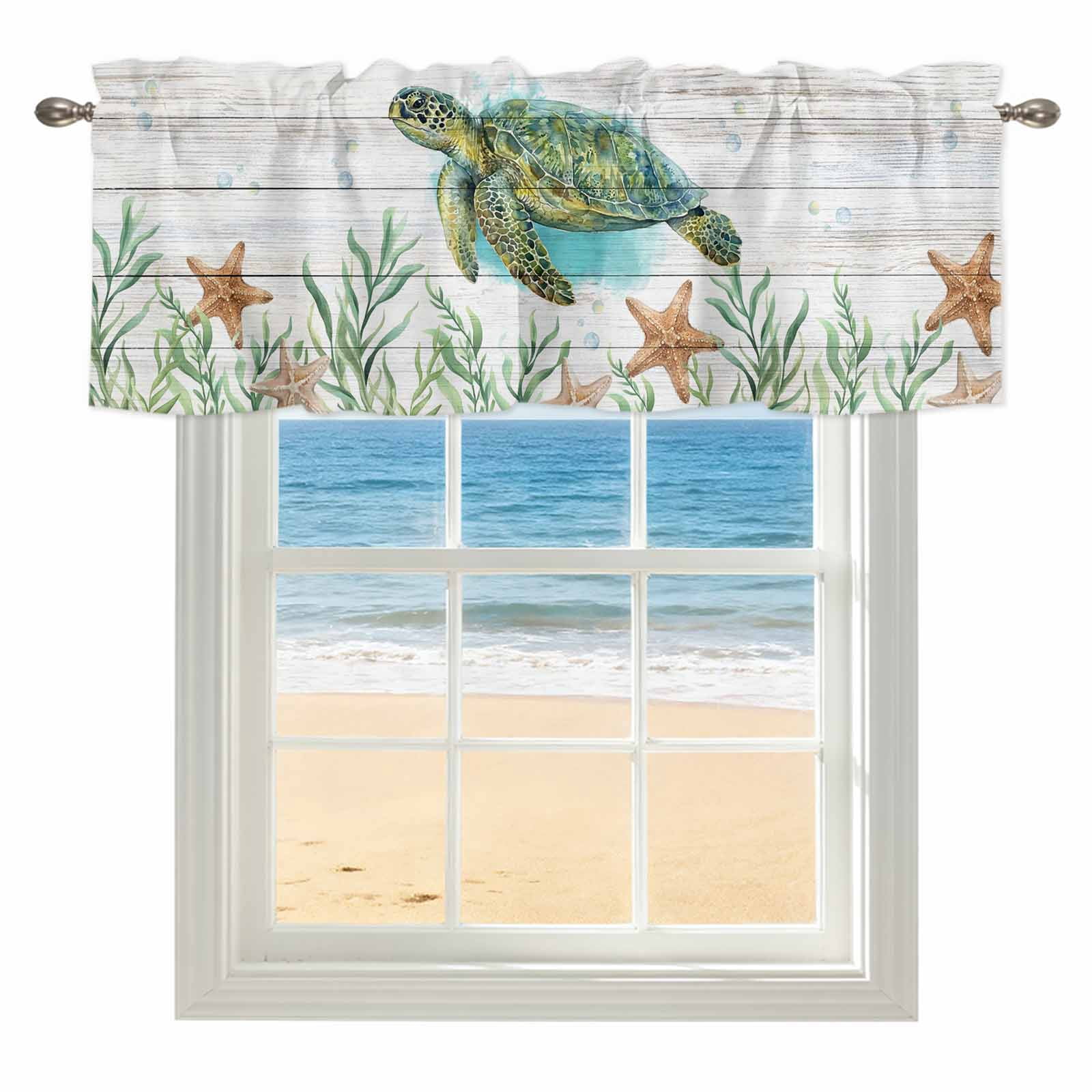 Turtle Coastal Window Valance for Kitchen, Ocean Starfish Seaweed Gray ...