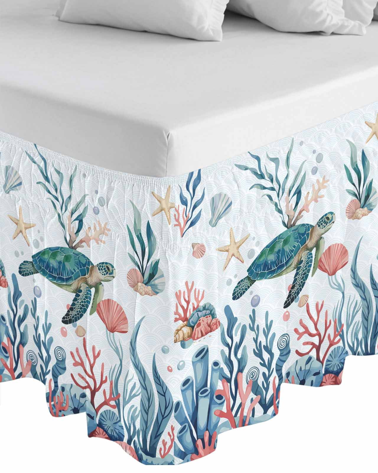 Turtle Coastal Wrap Around Bed Skirts for King Bed 18" Drop,Bed Skirt ...