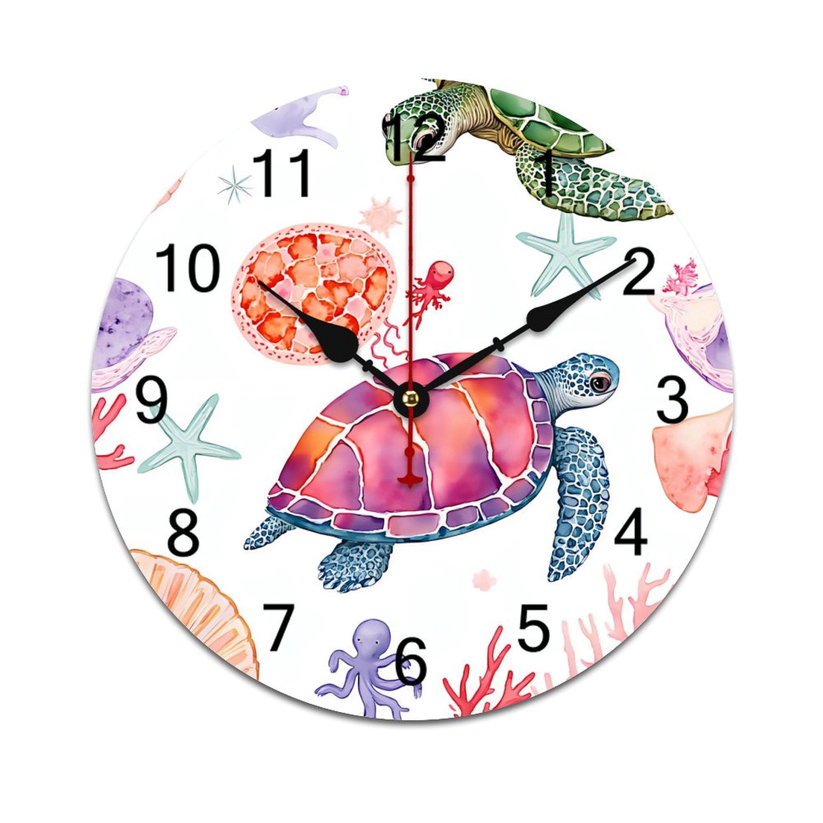 Turtle, Colorful Coral And Fish, Jellyfish Bedroom Wall Clock Large ...