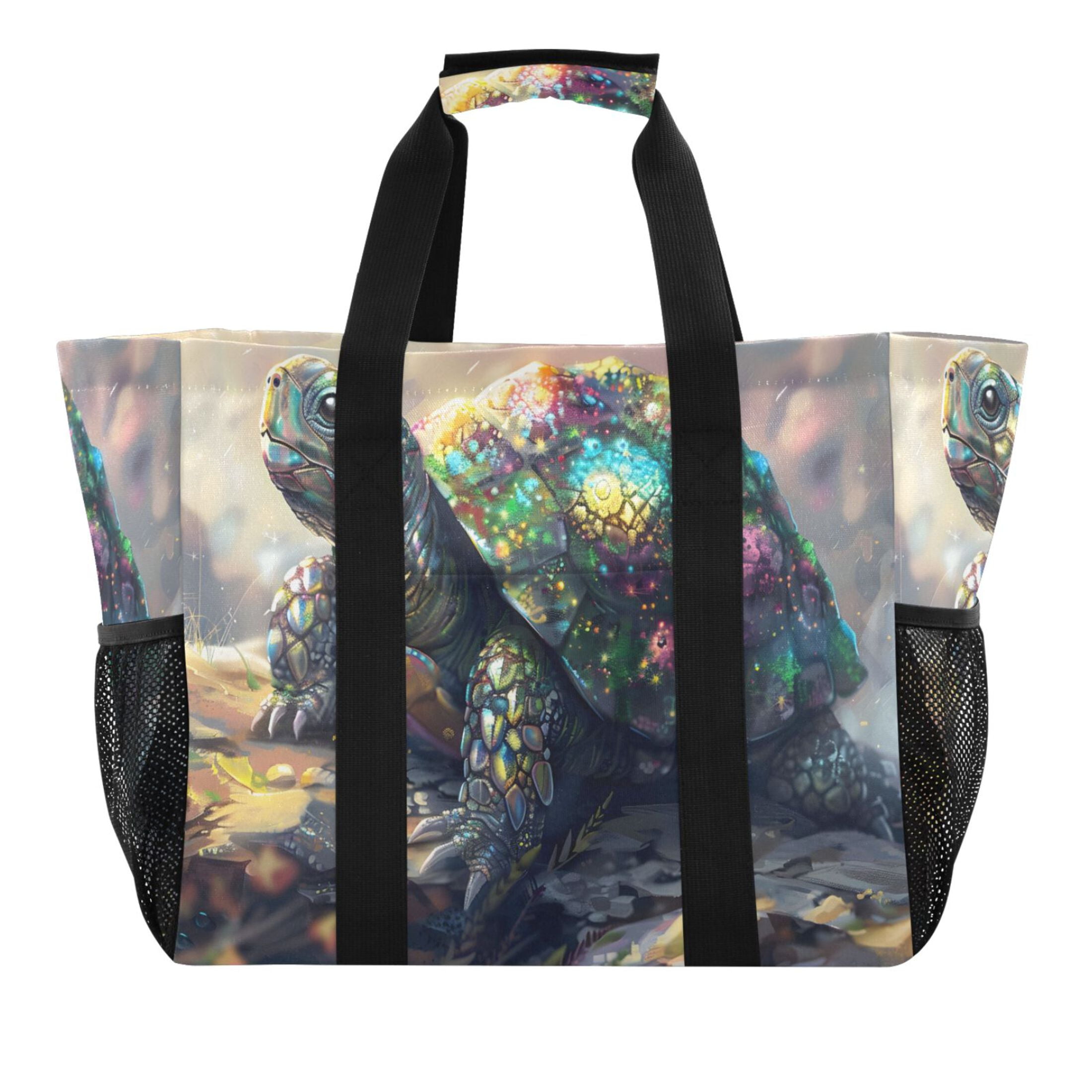 Turtle Covered in Sparkling Gem Reusable Grocery Bags with Handle Side ...