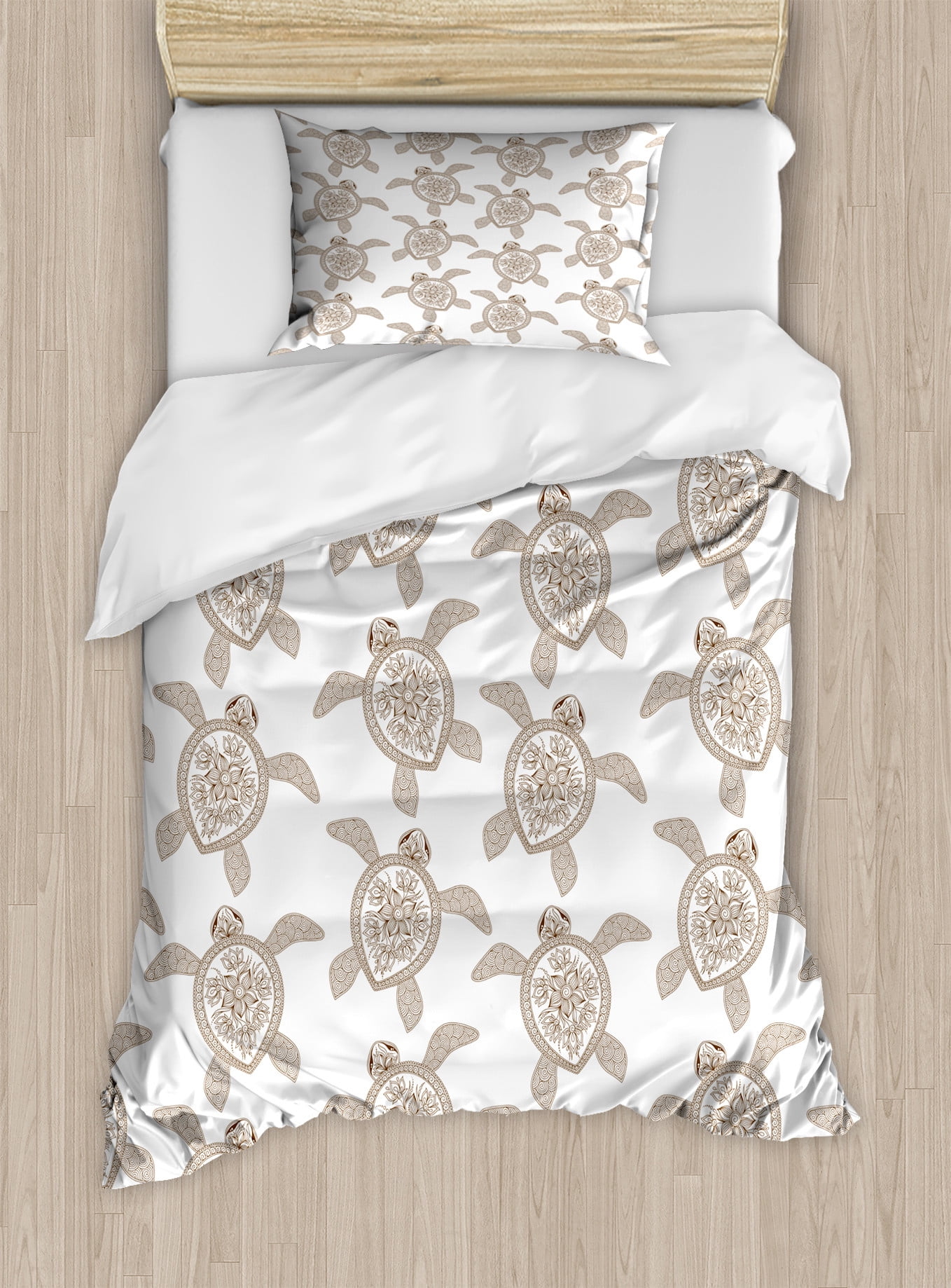 Turtle Duvet Cover Set, Animal Silhouettes Ornamented Along Flower ...
