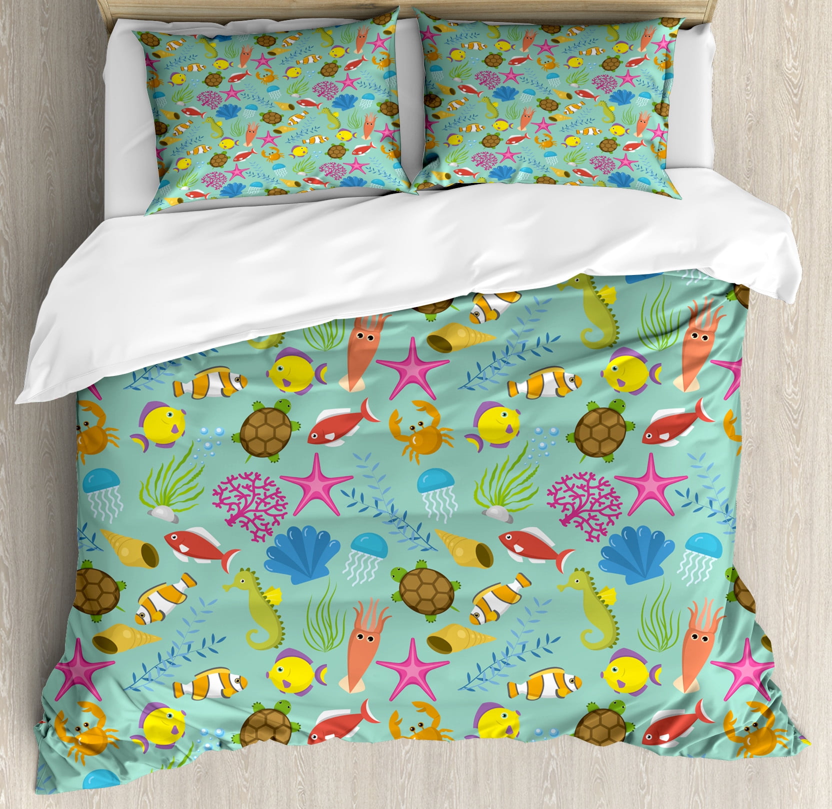Turtle Duvet Cover Set, Colorful Layout of Sea Elements Creatures Water ...