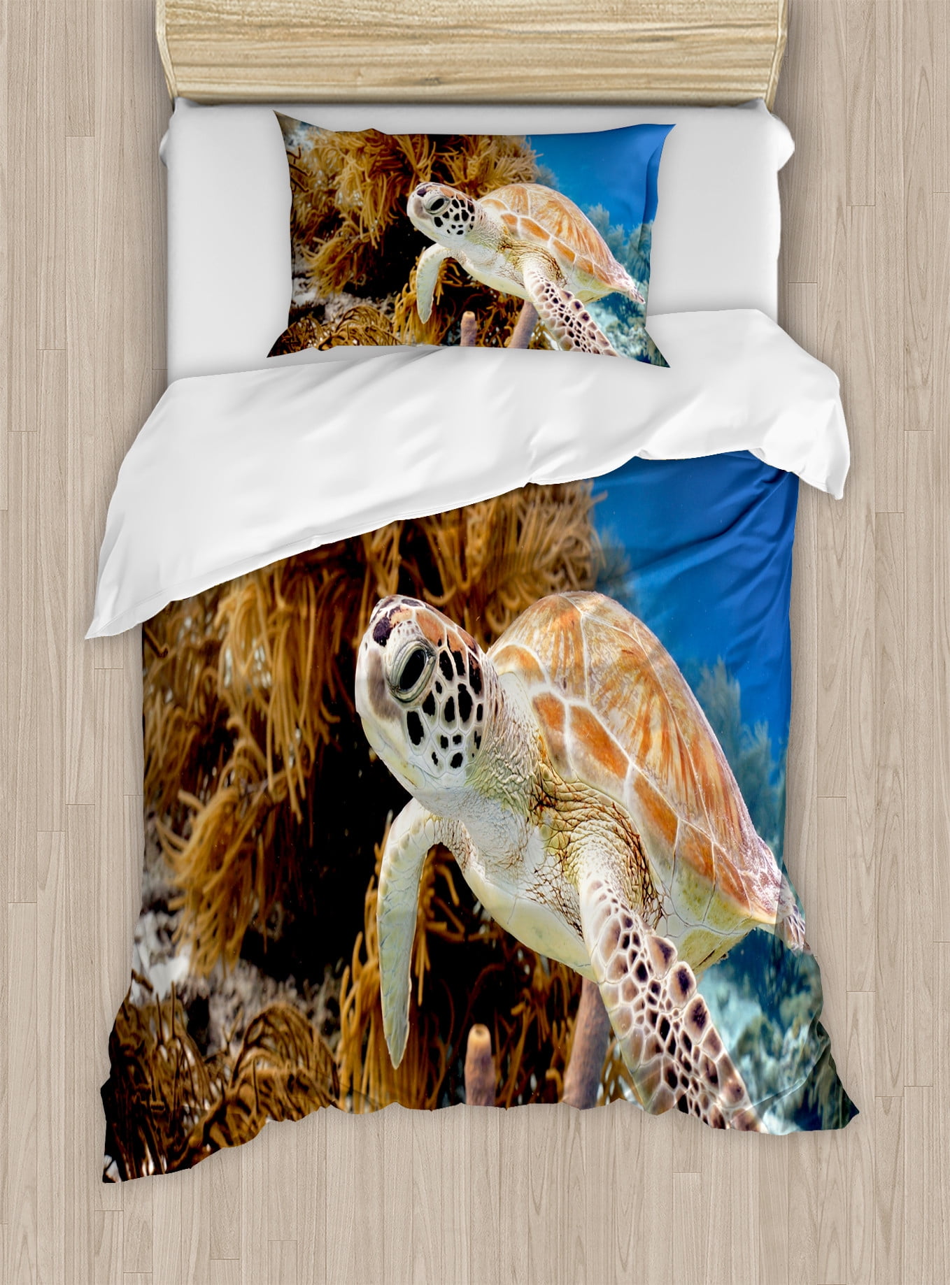 Turtle Duvet Cover Set, Coral Reef and Sea Turtle Close up Photo ...