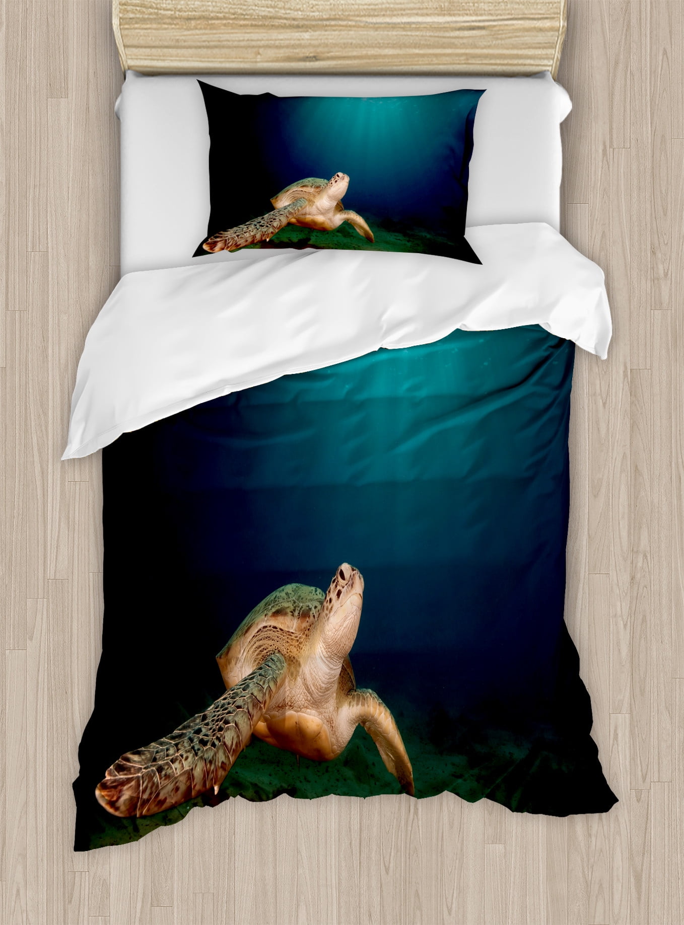 Turtle Duvet Cover Set, Green Turtle Swimming Underwater Sunbeams ...