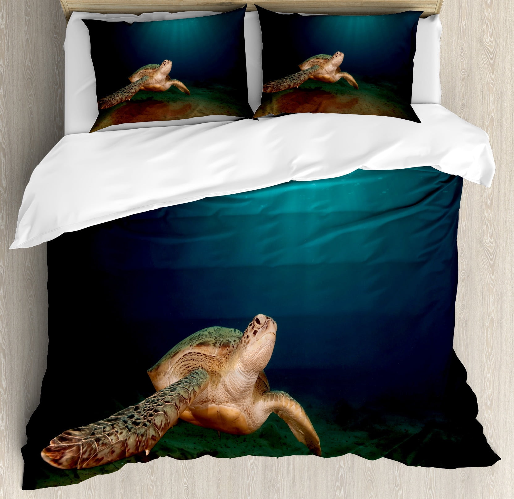 Turtle Duvet Cover Set, Green Turtle Swimming Underwater Sunbeams ...